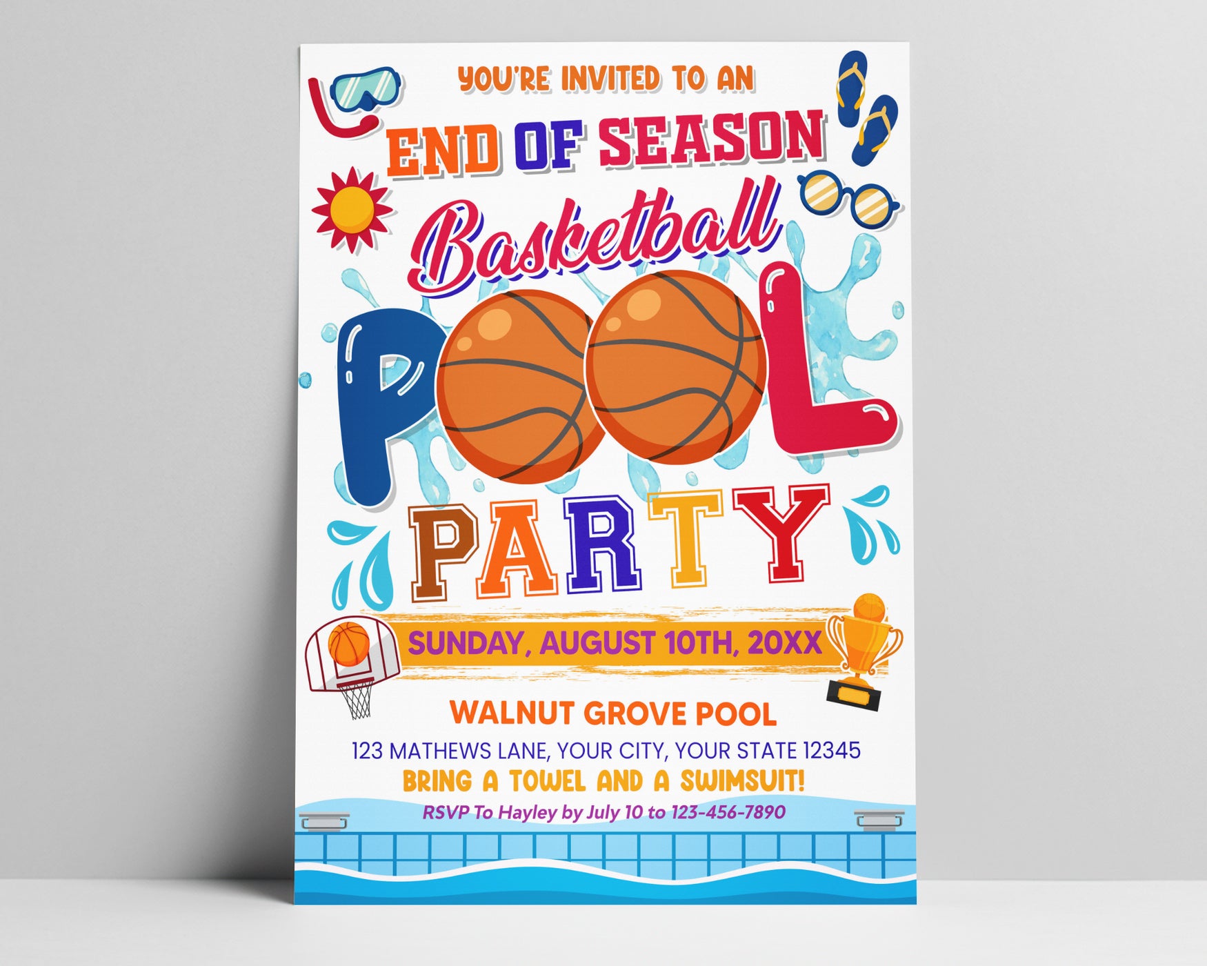 DIY End of Season Basketball Pool Party Flyer | Sport Pool Bash Party ...