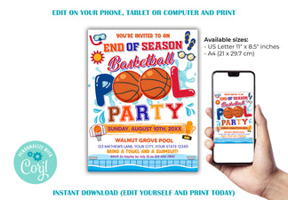 DIY End of Season Basketball Pool Party Flyer | Sport Pool Bash Party ...
