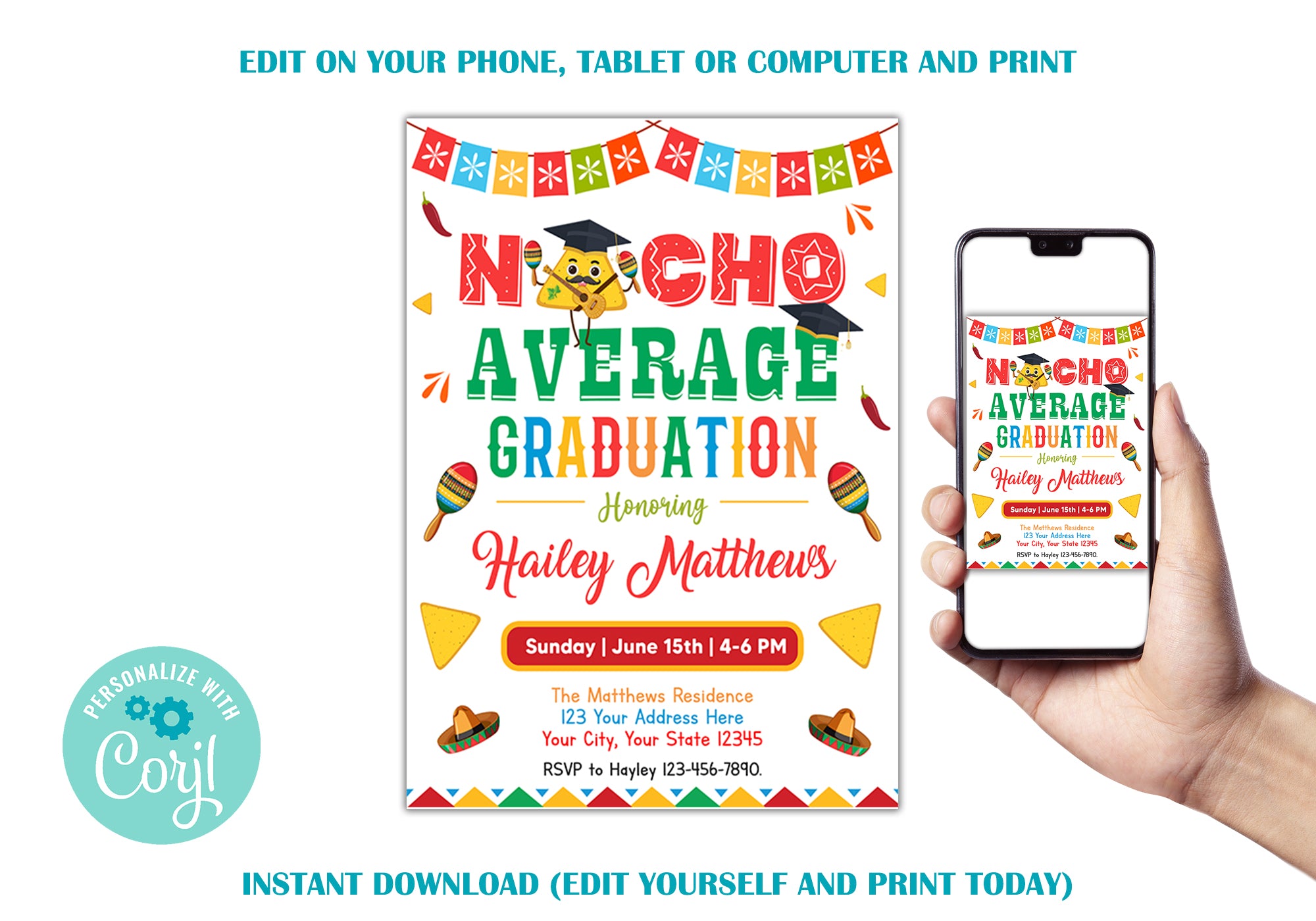 Customizable Nacho Average Graduation Invitation Template | Fiesta Grad ...