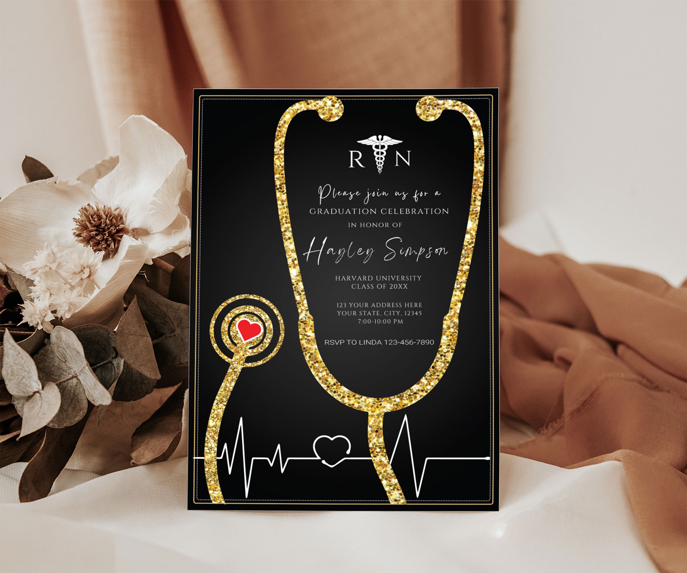 Nurse Graduation Invitation Template | Black and Gold Nursing Grad ...