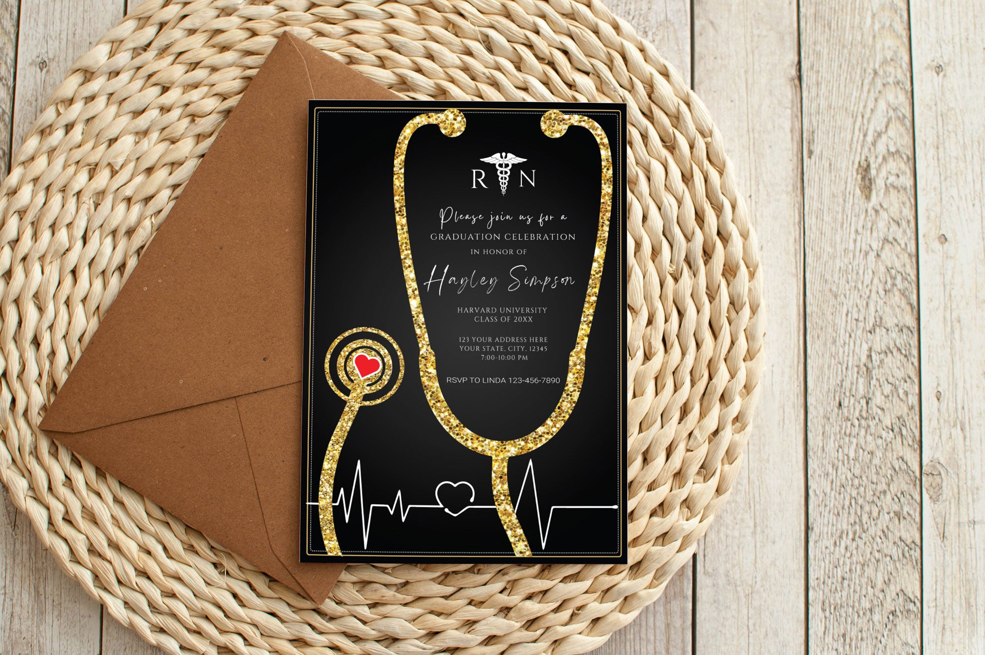 Nurse Graduation Invitation Template | Black and Gold Nursing Grad ...