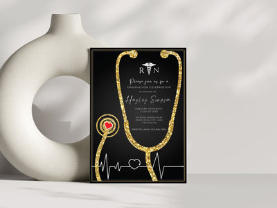 Nurse Graduation Invitation Template | Black and Gold Nursing Grad ...