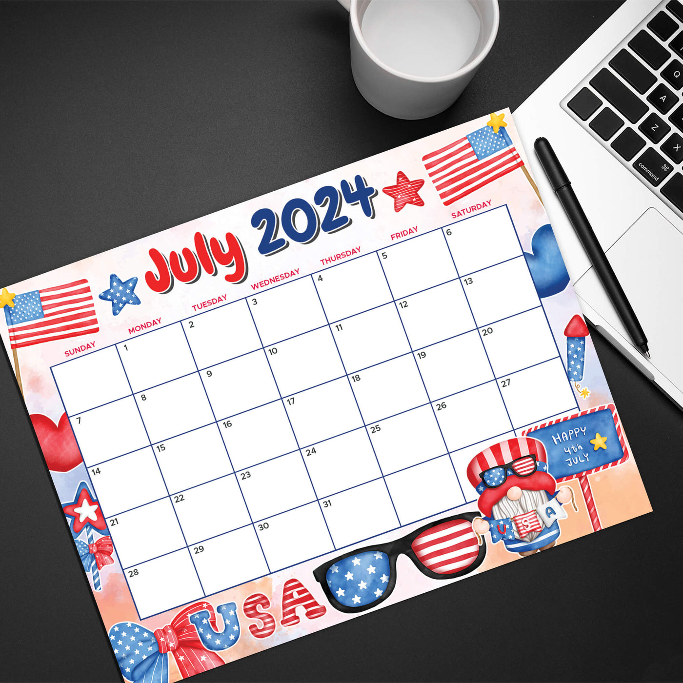 PDF 4th of July Monthly Calendar | Printable Patriotic Independence Day ...