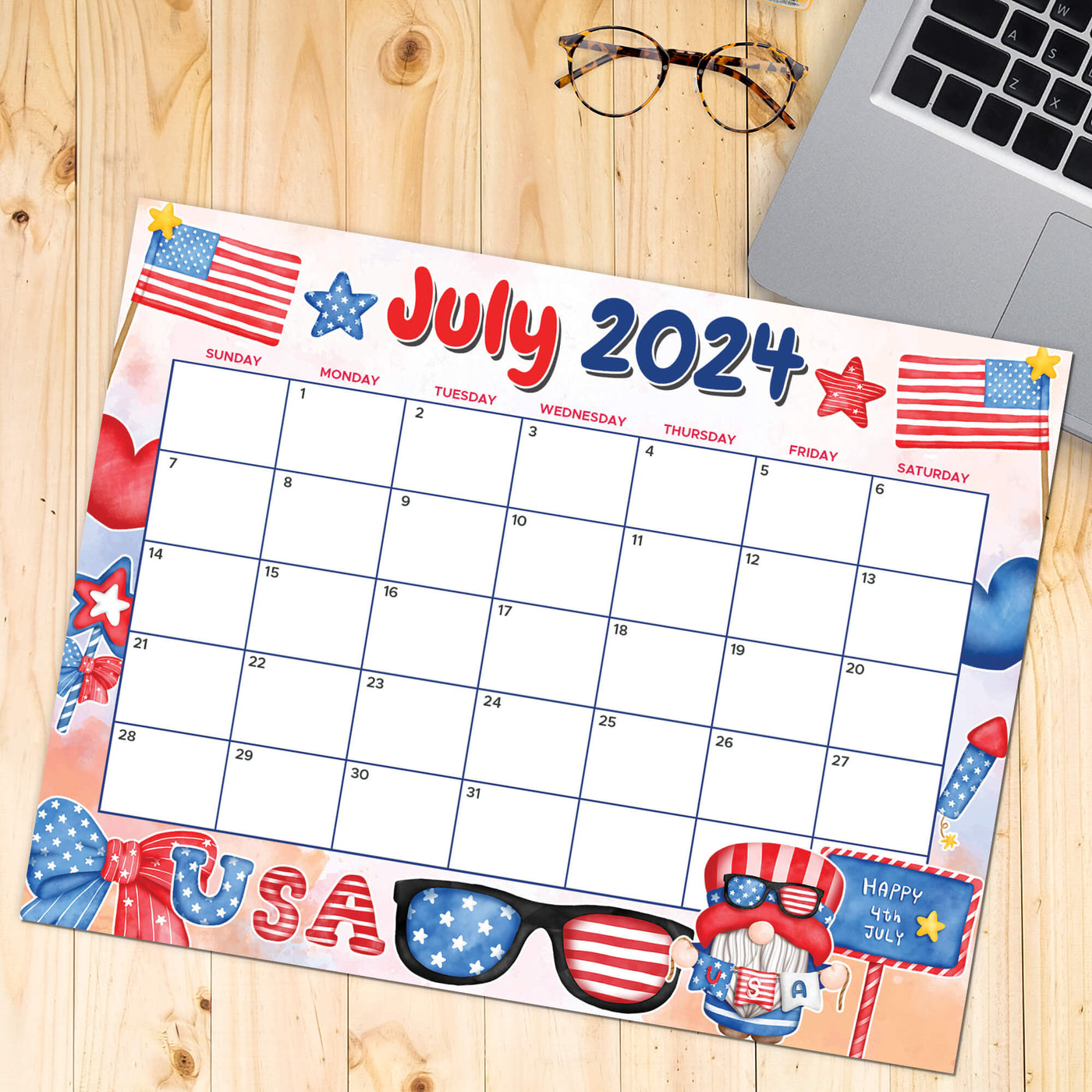 PDF 4th of July Monthly Calendar | Printable Patriotic Independence Day ...