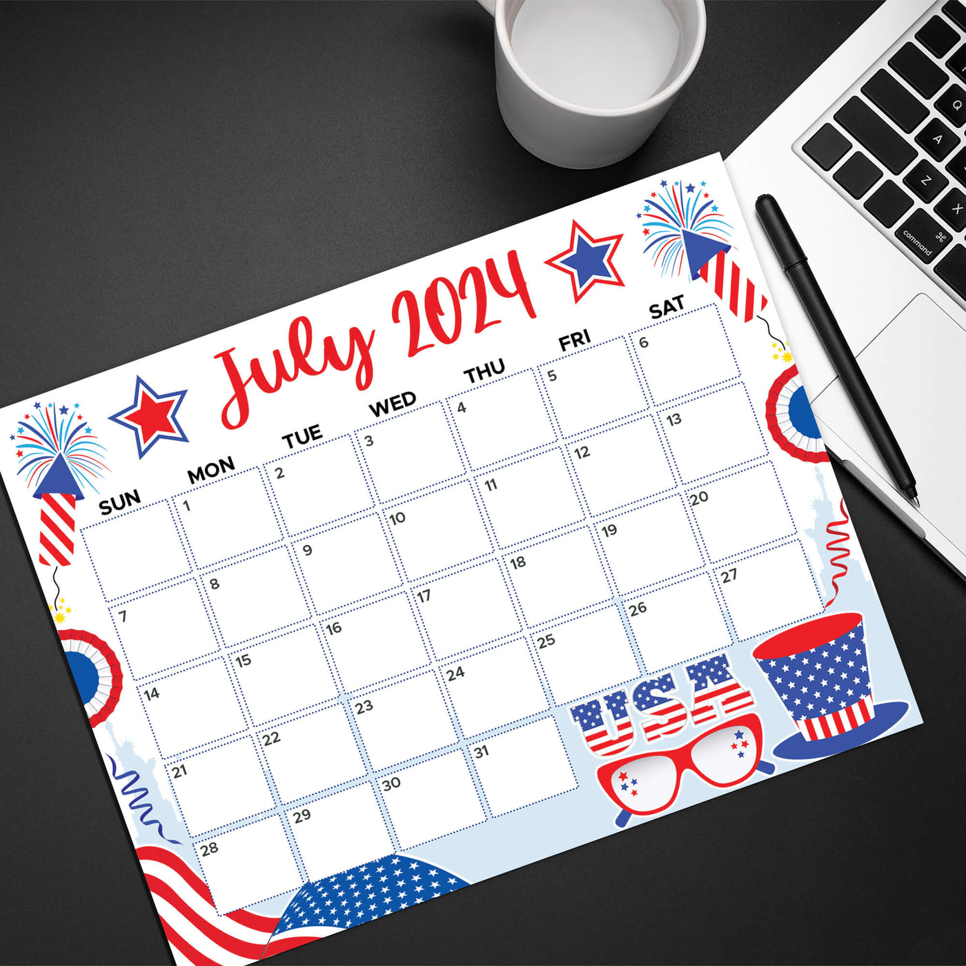 PDF Patriotic Themed July Calendar | Printable 4th of July Independence ...