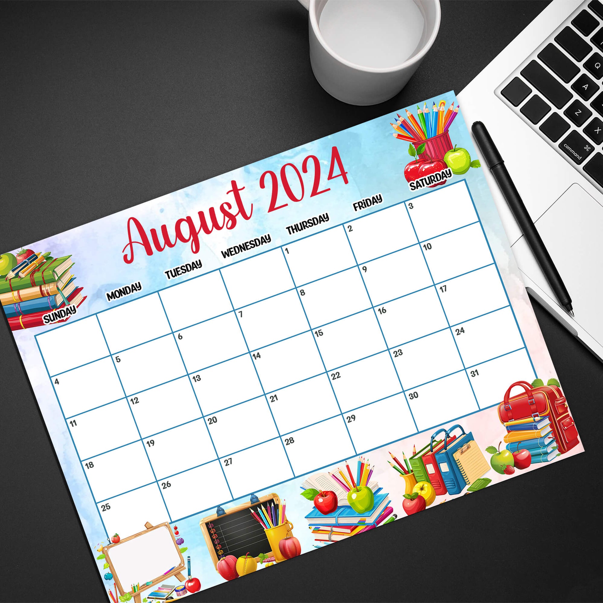 PDF Back To School Themed August 2024 Calendar | Printable School Days ...