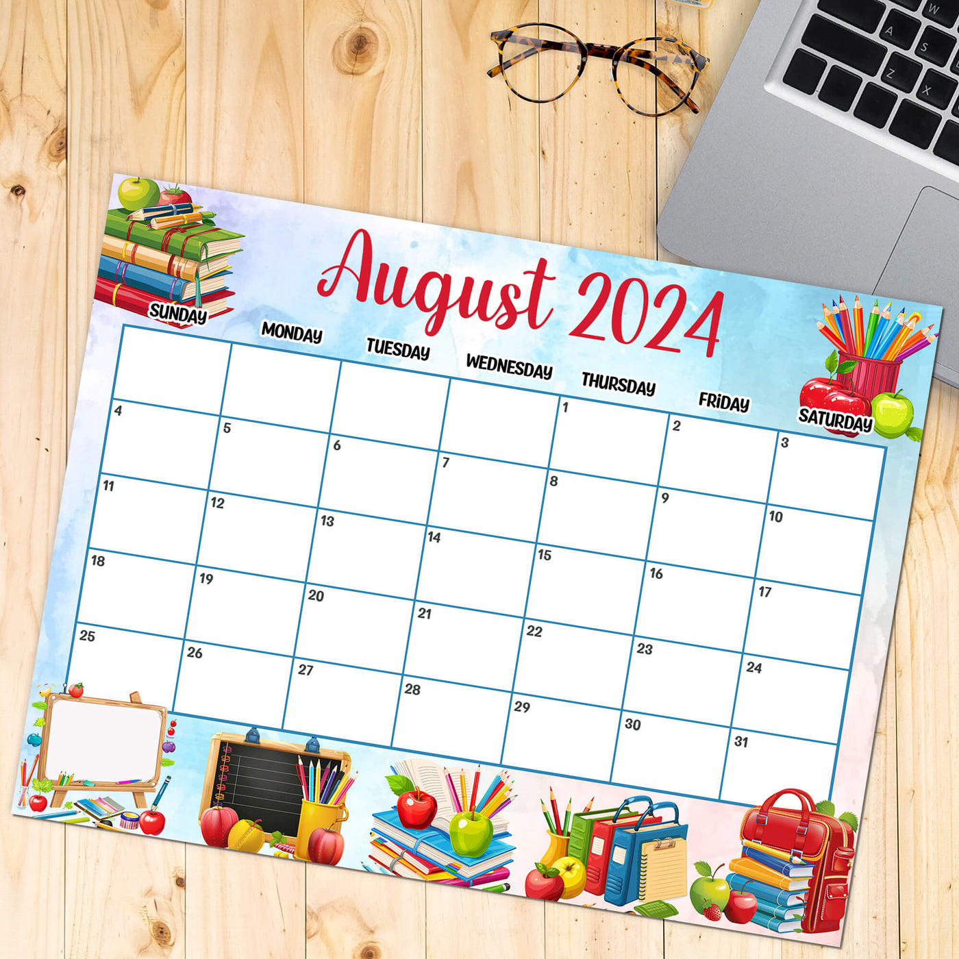 PDF Back To School Themed August 2024 Calendar | Printable School Days ...