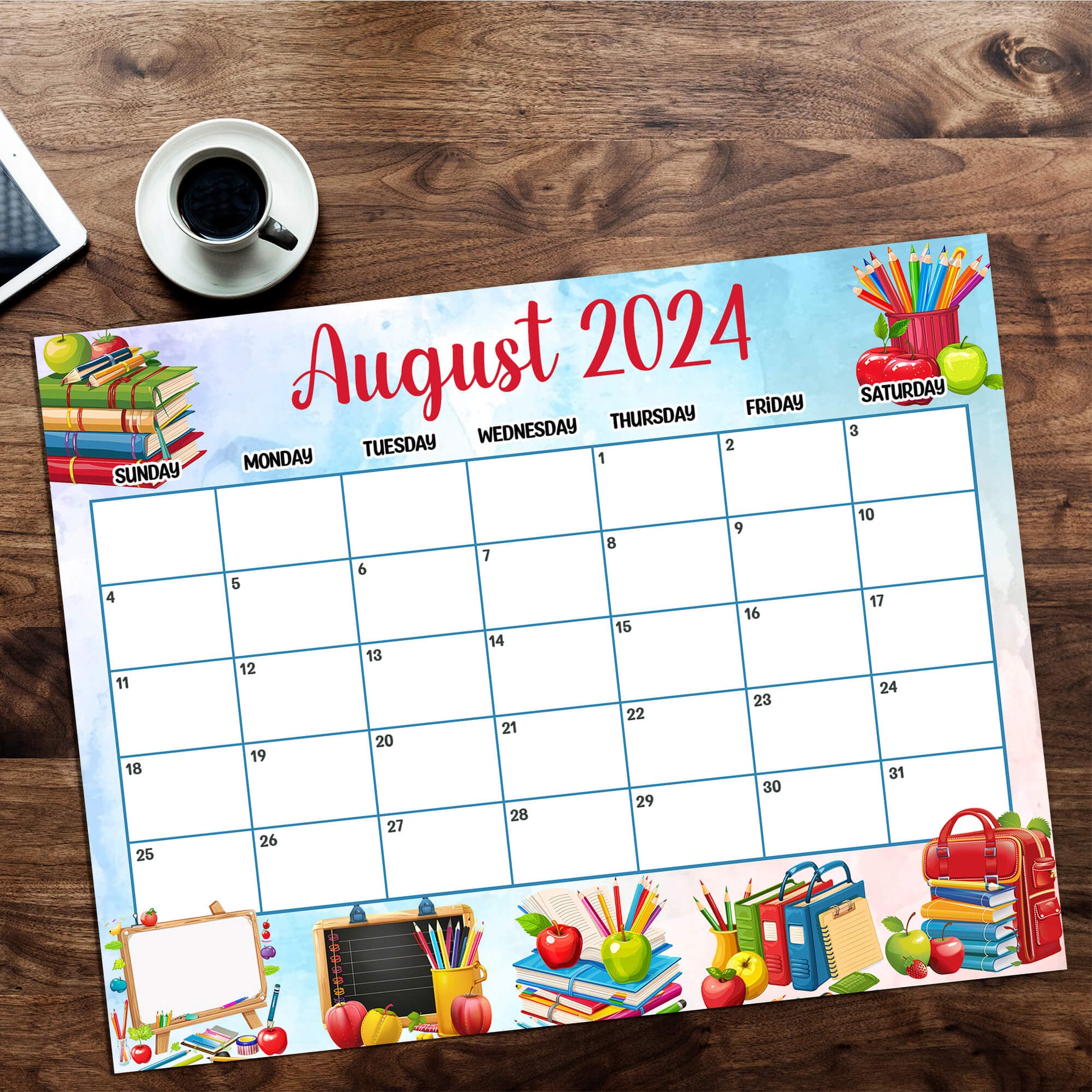 PDF Back To School Themed August 2024 Calendar | Printable School Days ...