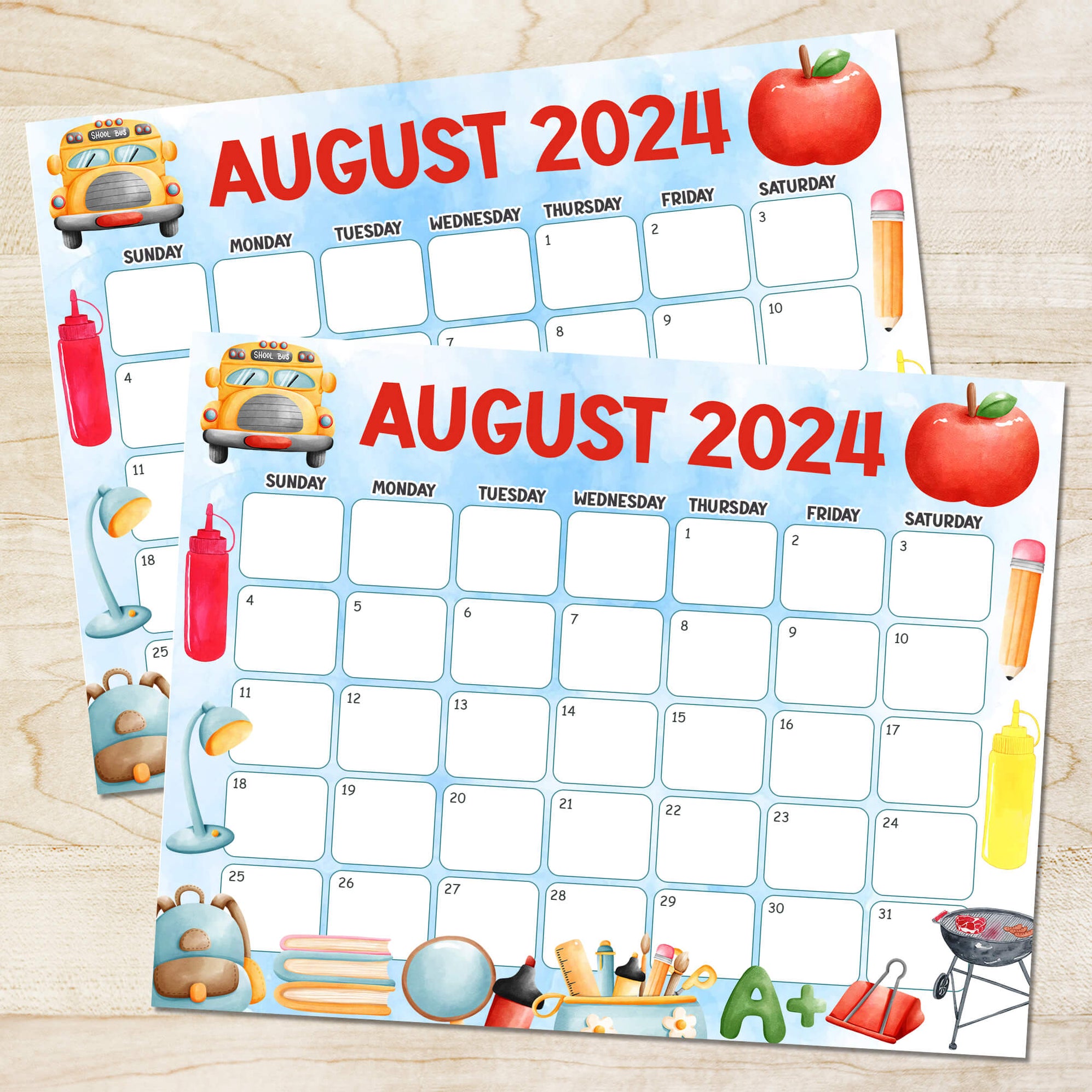 PDF August 2024 Back To School Themed Calendar | Printable School Days ...