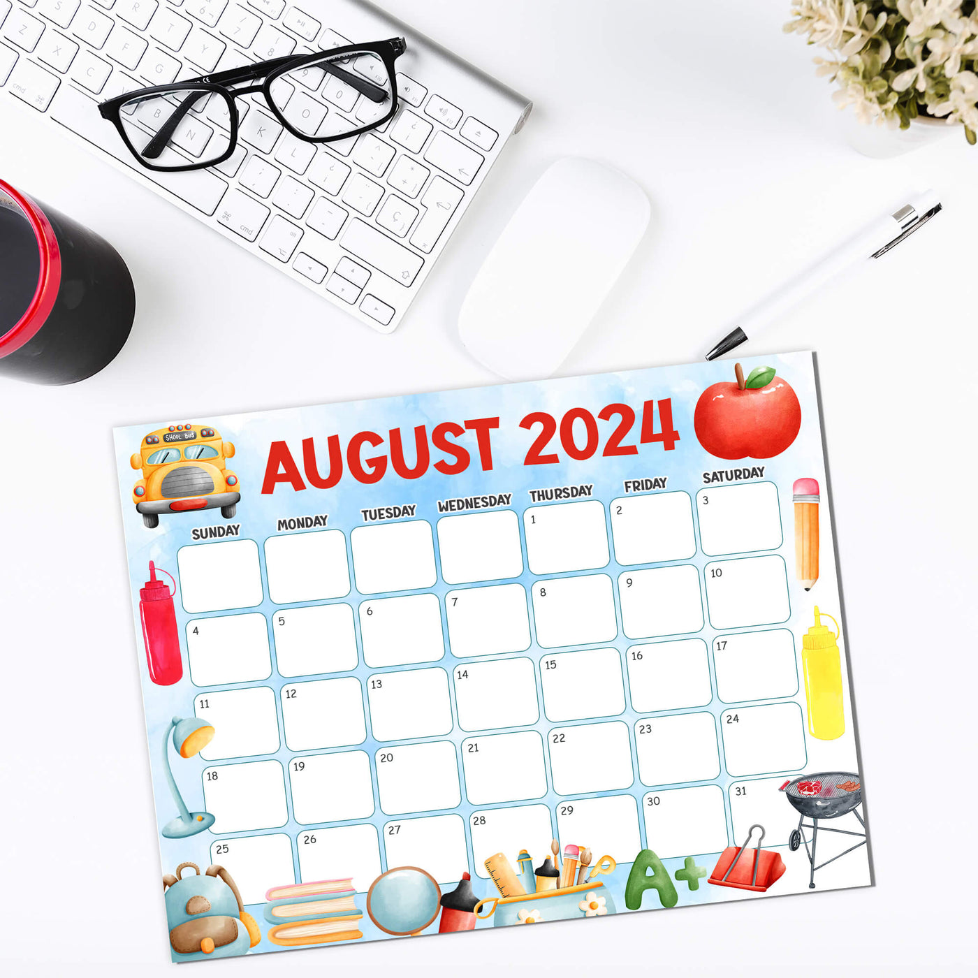 PDF August 2024 Back To School Themed Calendar | Printable School Days ...