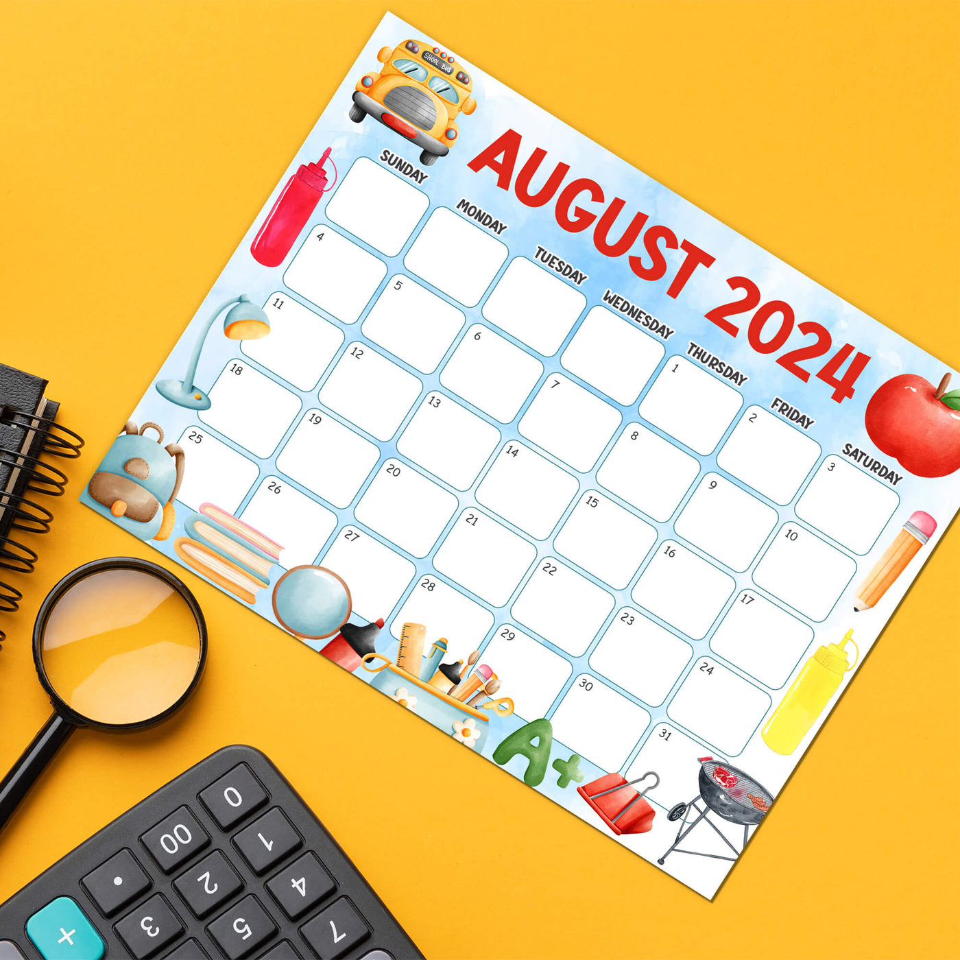 PDF August 2024 Back To School Themed Calendar | Printable School Days ...