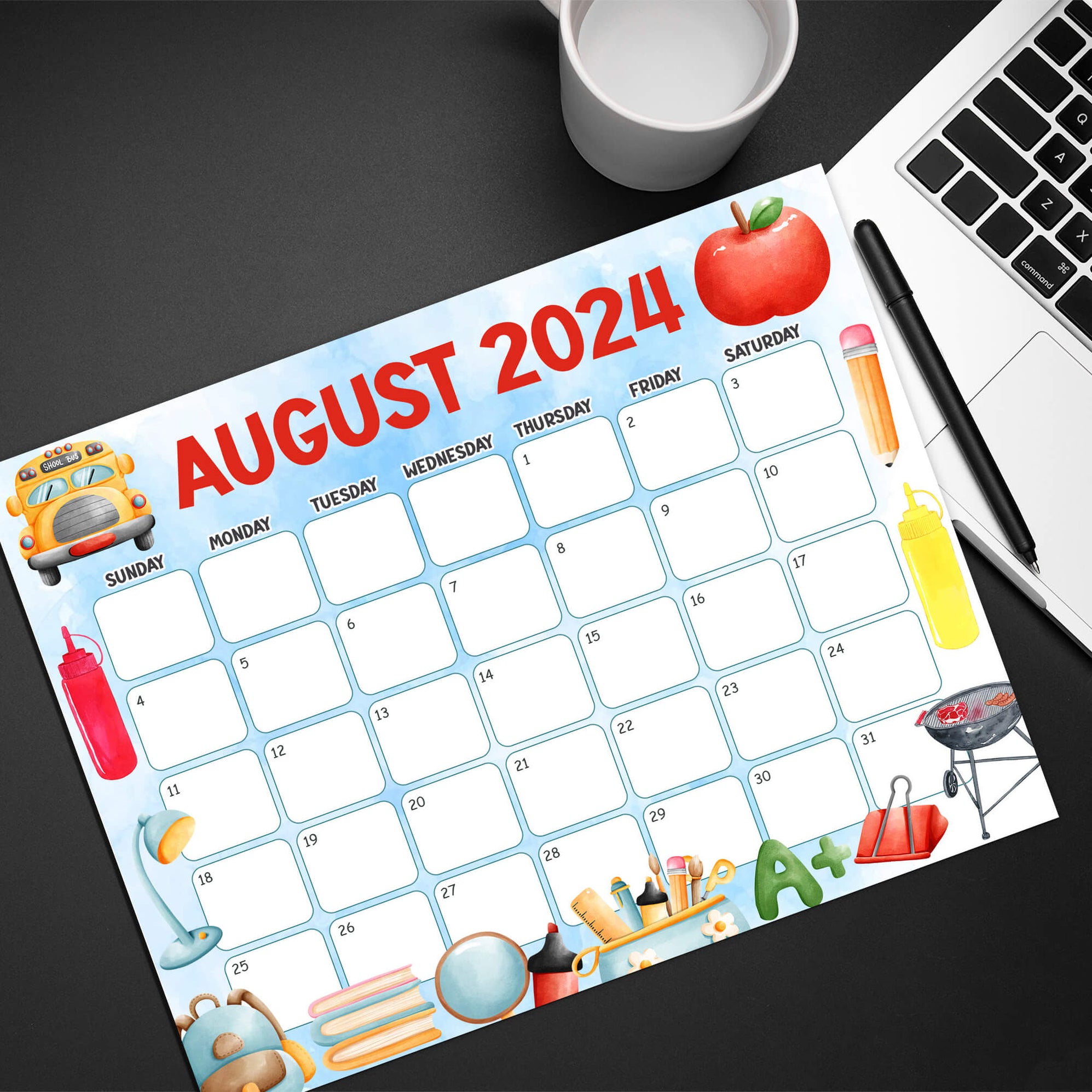 PDF August 2024 Back To School Themed Calendar | Printable School Days ...