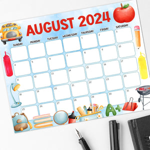 PDF August 2024 Back To School Themed Calendar | Printable School Days ...