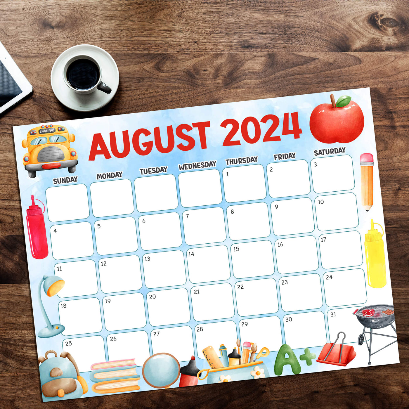 PDF August 2024 Back To School Themed Calendar | Printable School Days ...