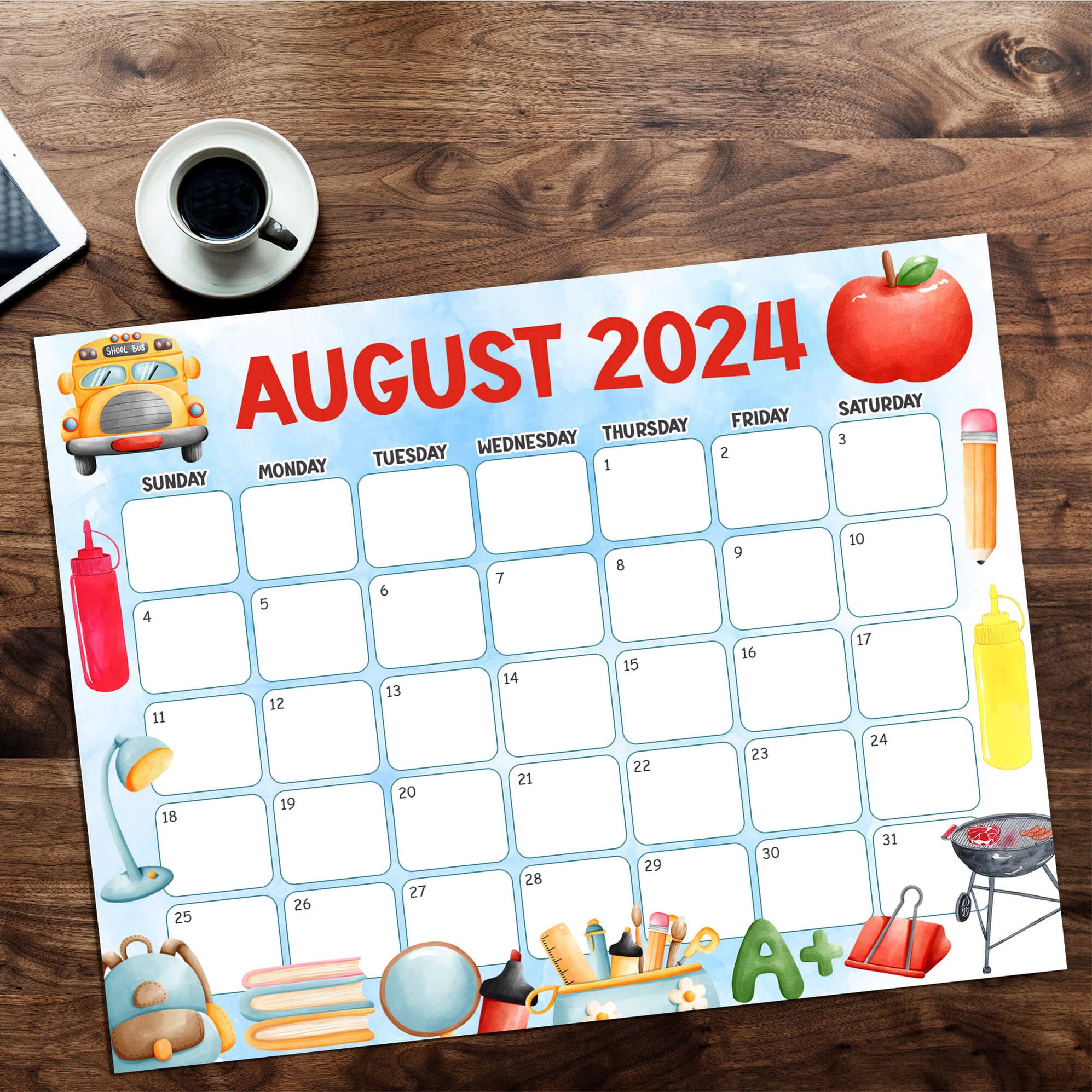 PDF August 2024 Back To School Themed Calendar | Printable School Days ...