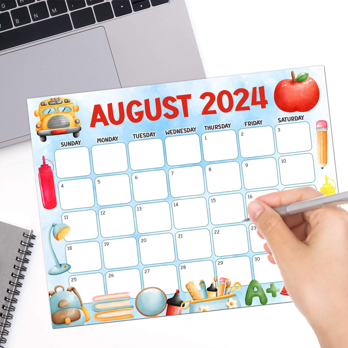 PDF August 2024 Back To School Themed Calendar | Printable School Days ...