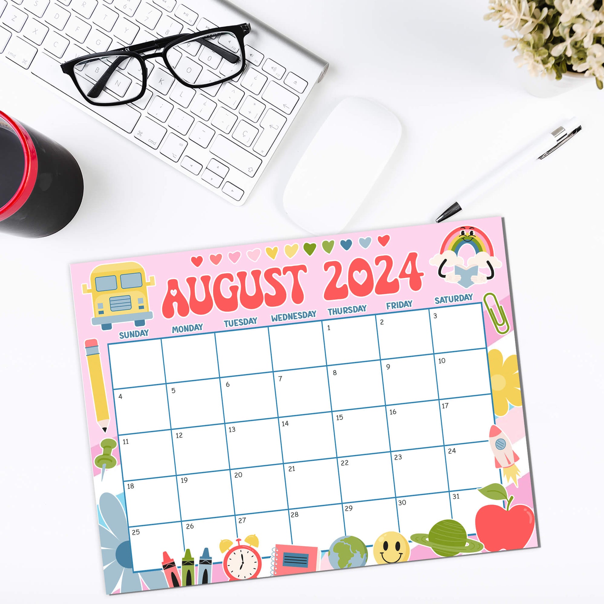 PDF Back To School Themed August 2024 Calendar | Printable August ...