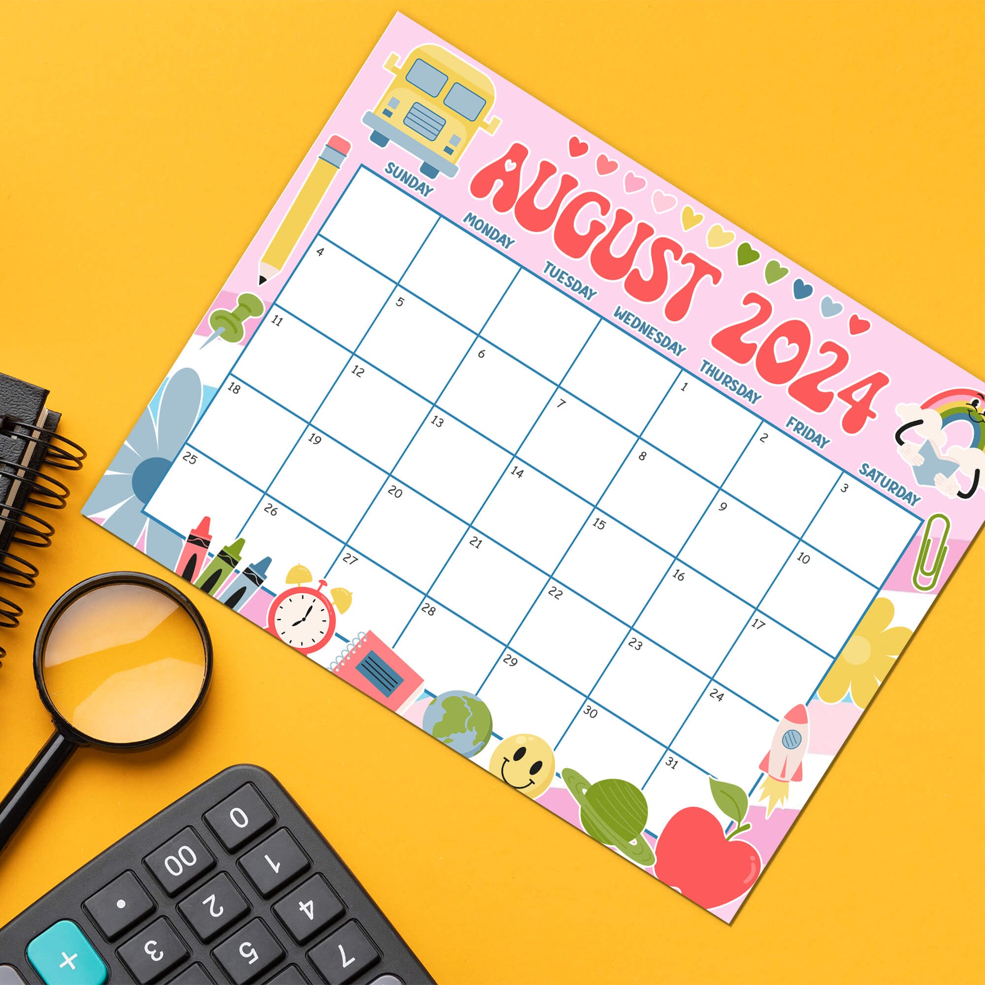 PDF Back To School Themed August 2024 Calendar | Printable August ...