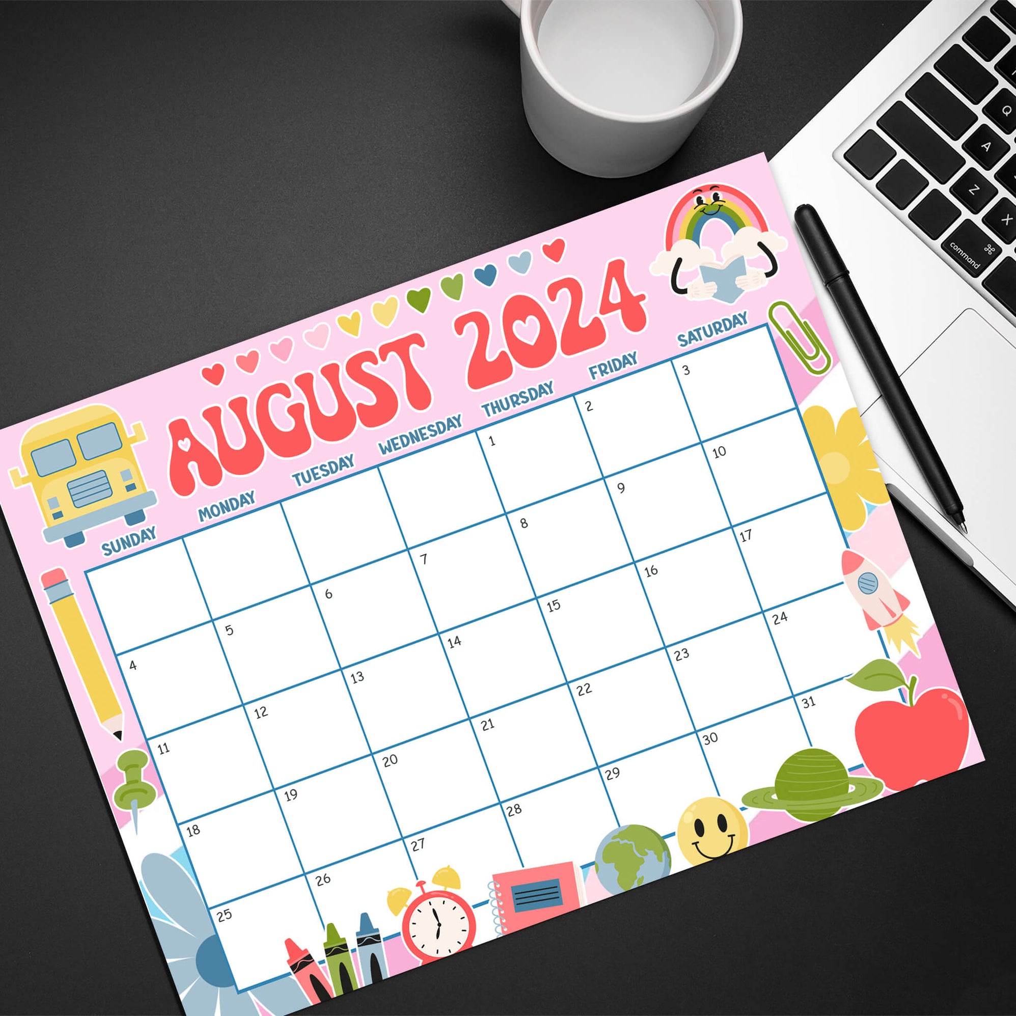 PDF Back To School Themed August 2024 Calendar | Printable August ...