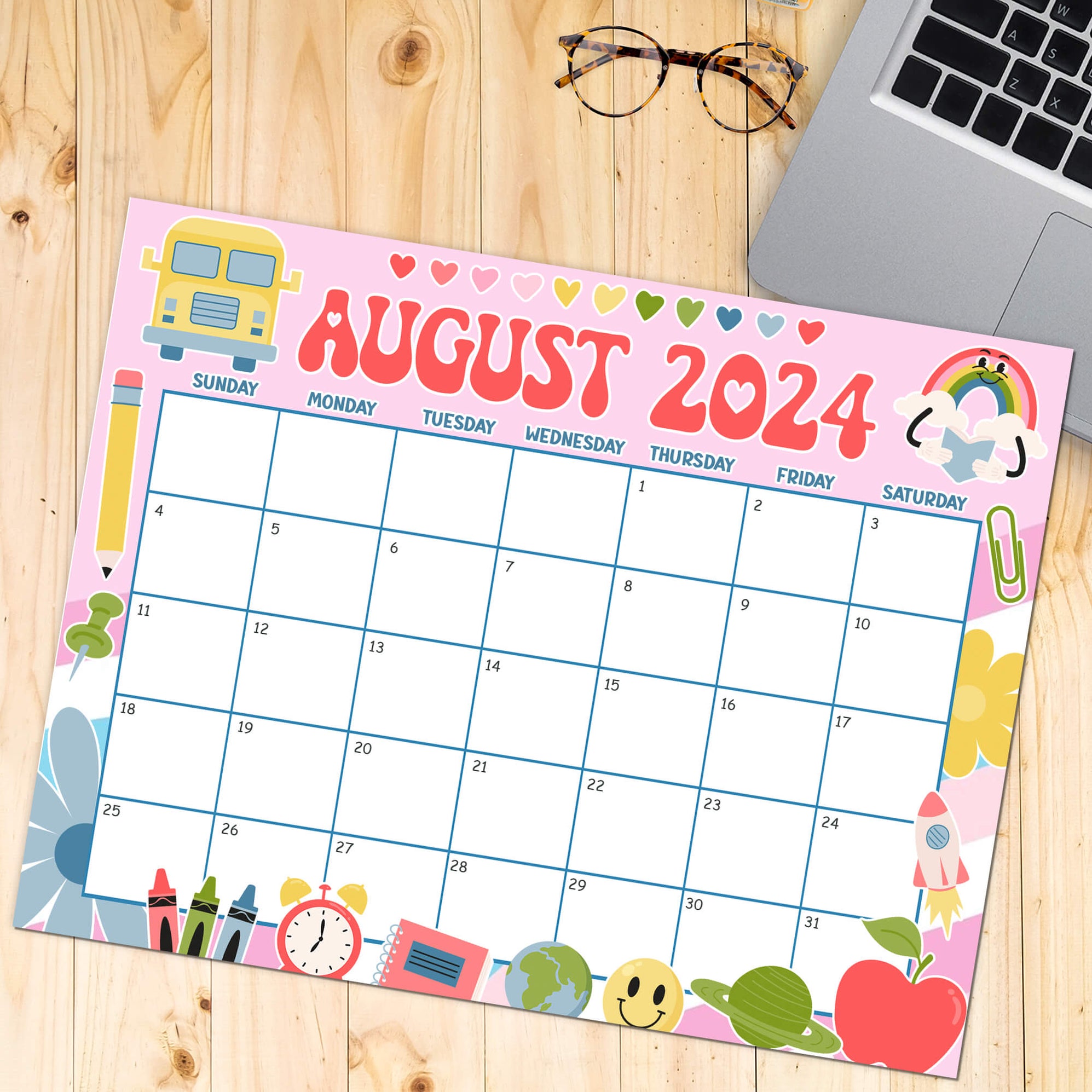 PDF Back To School Themed August 2024 Calendar | Printable August ...