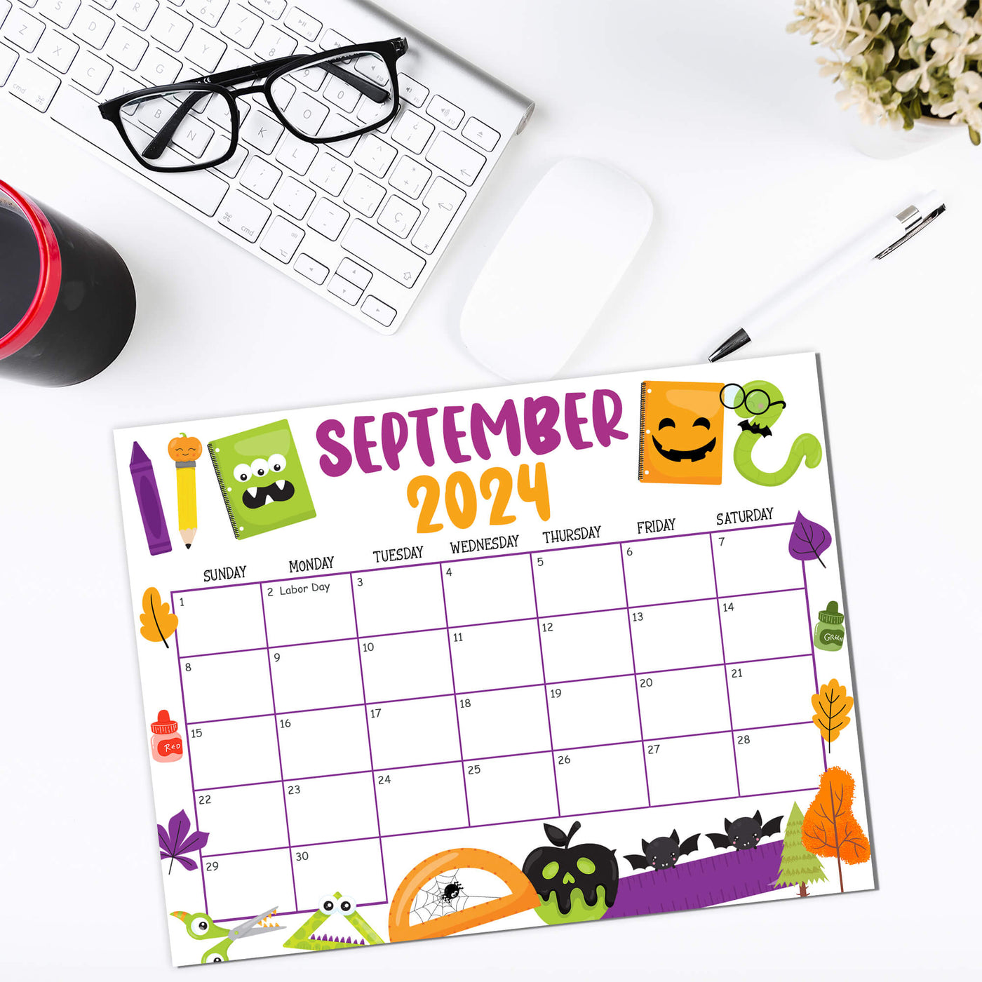 School Themed September 2024 Printable Calendar - Posh Park