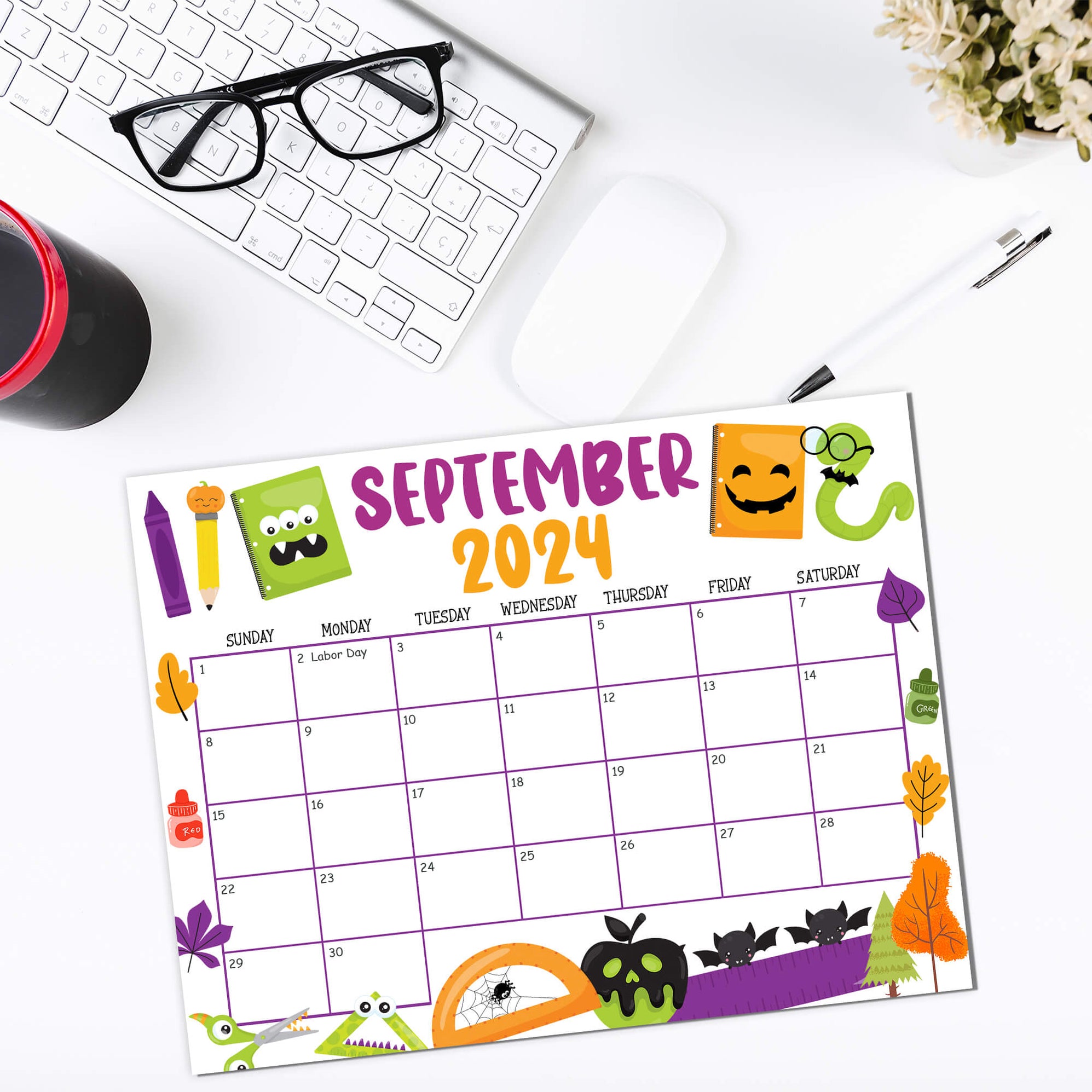 School Themed September 2024 Printable Calendar - Posh Park