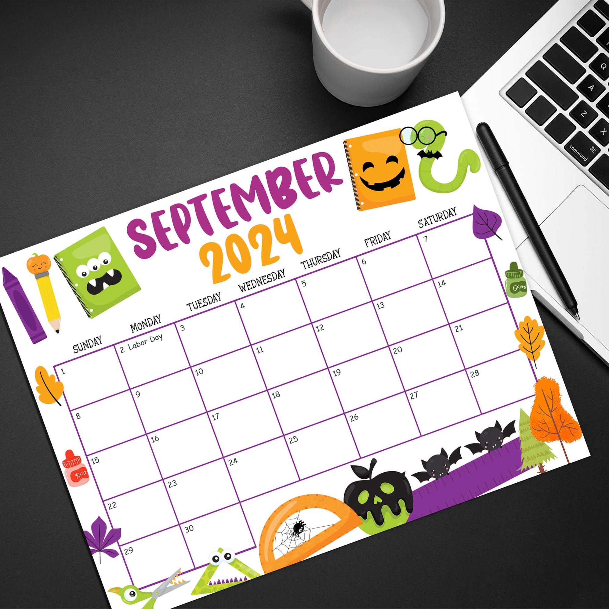 School Themed September 2024 Printable Calendar - Posh Park