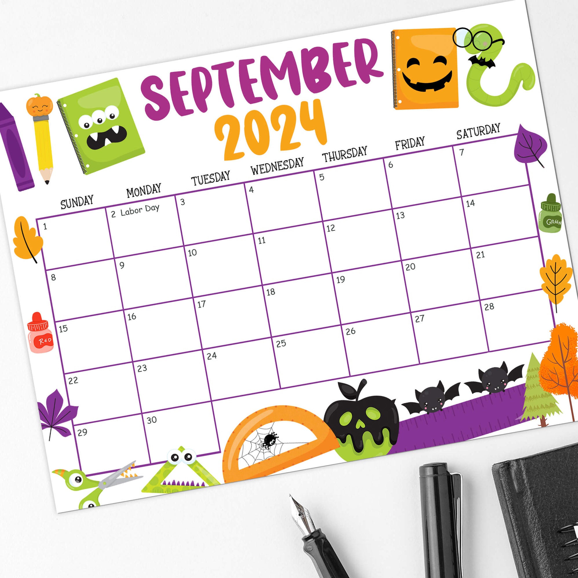 School Themed September 2024 Printable Calendar - Posh Park