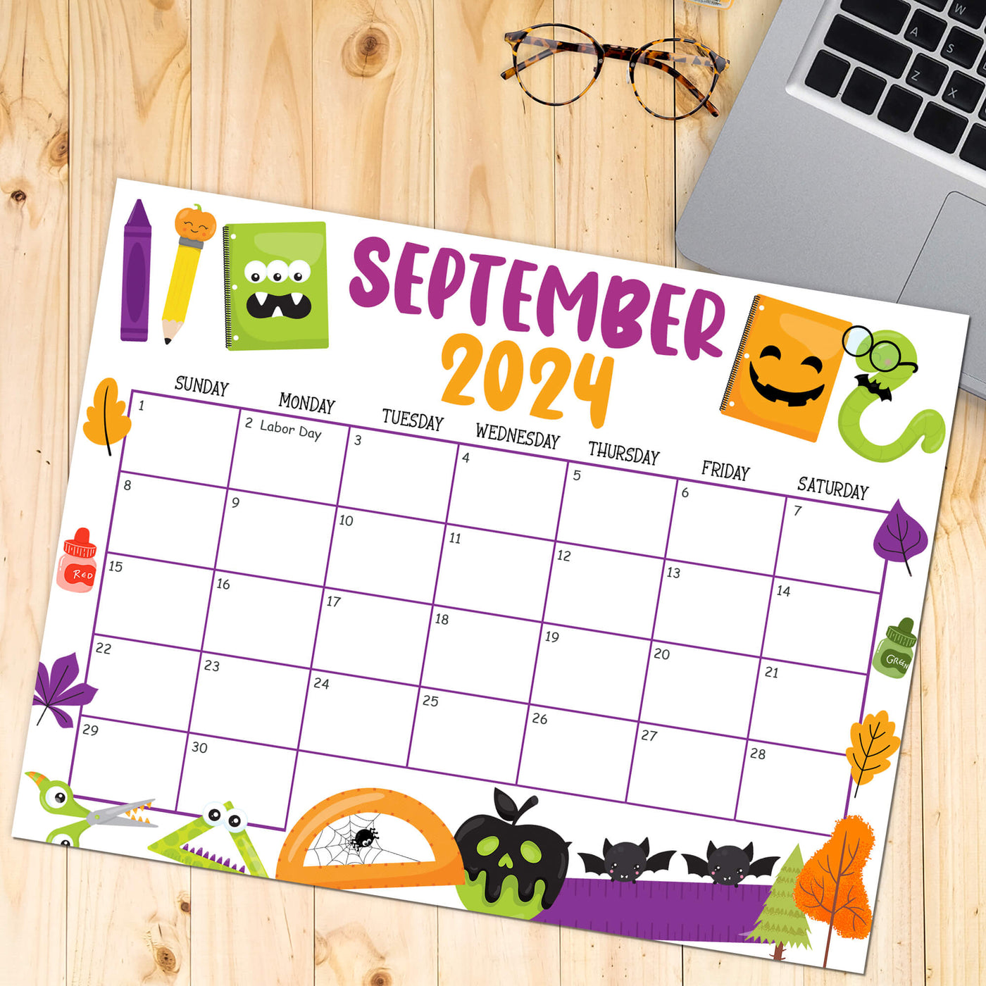 School Themed September 2024 Printable Calendar - Posh Park