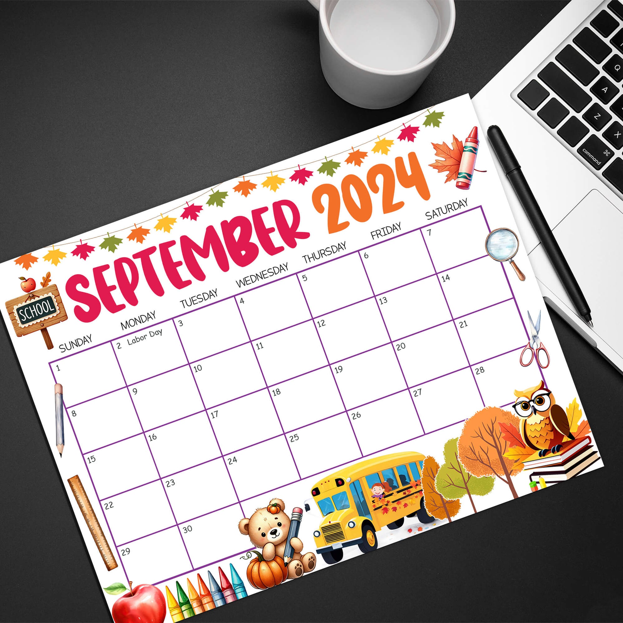 Academic Back to School Printable Calendar September 2024 - Posh Park