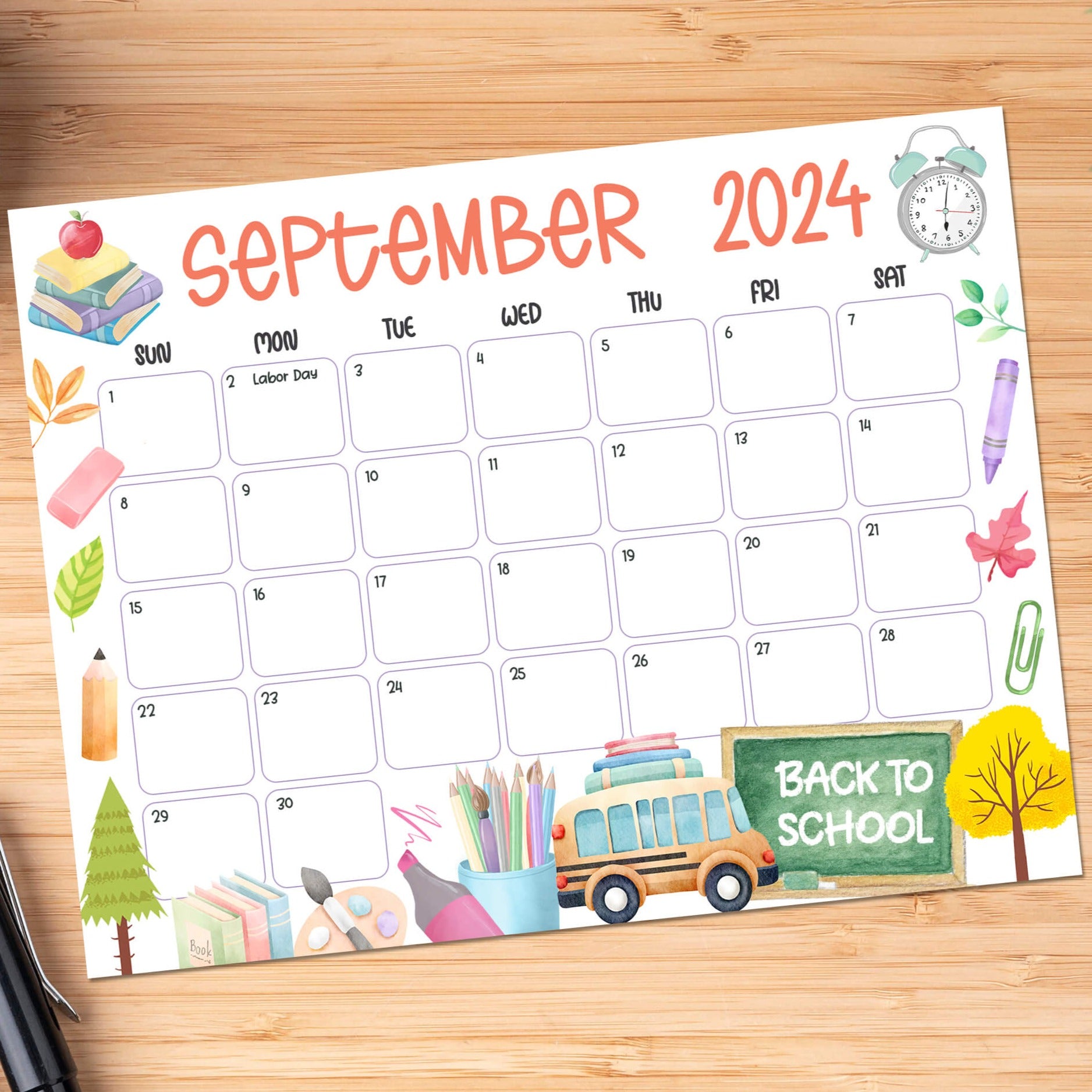 Printable September 2024 Back to School Theme Calendar Planner - Posh Park