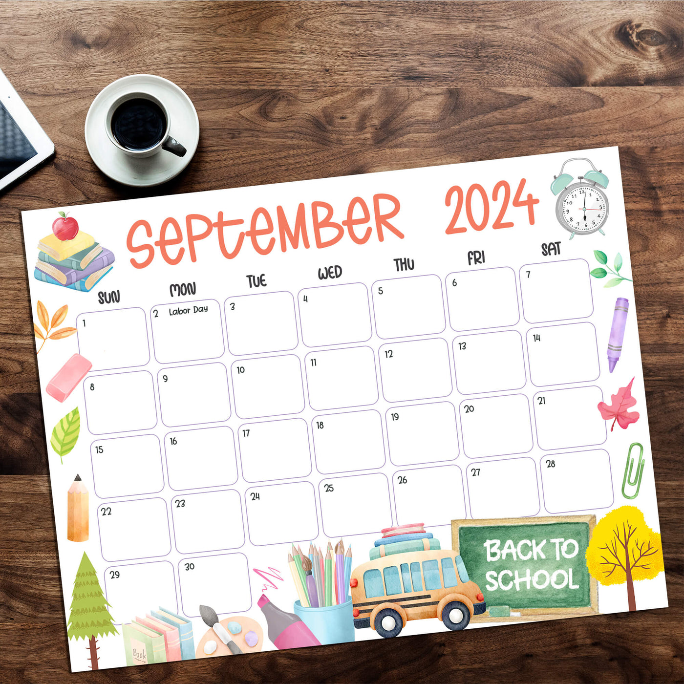 Printable September 2024 Back to School Theme Calendar Planner - Posh Park