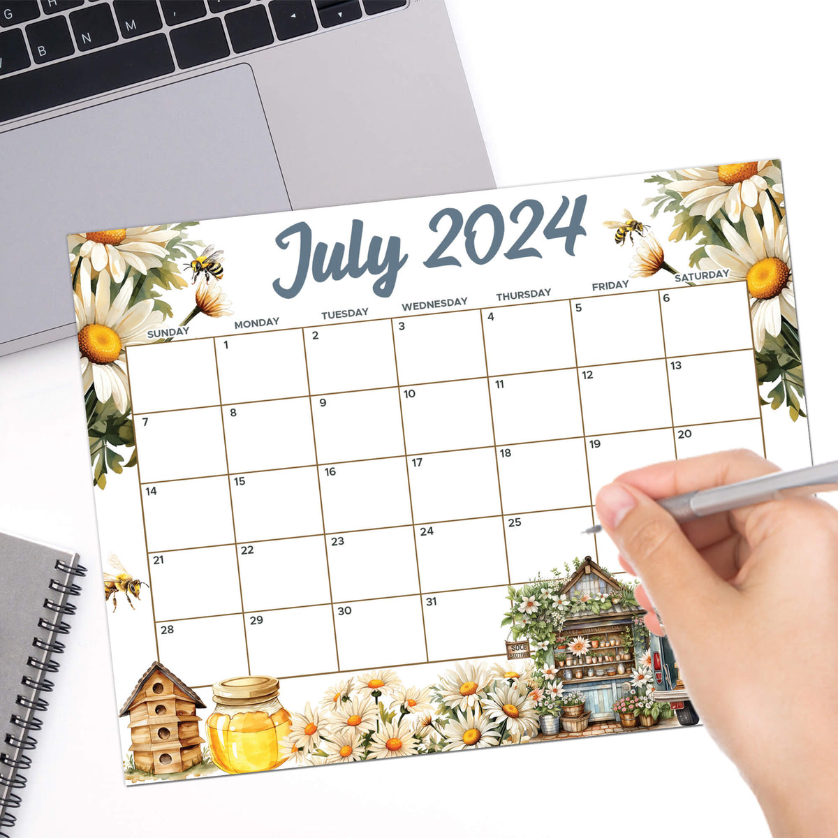 PDF Summer Daisies July 2024 Calendar | Printable Cute Floral Month of ...