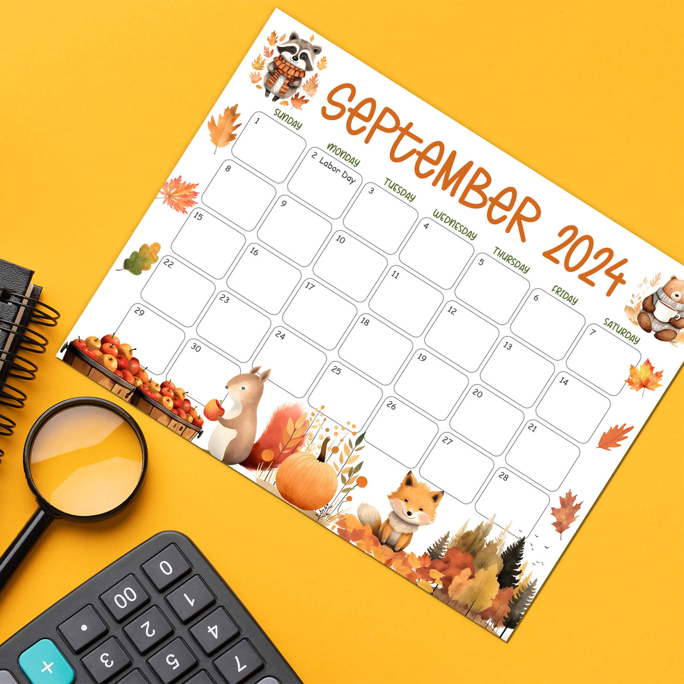 Printable September 2024 Calendar with Fall Animals - Posh Park