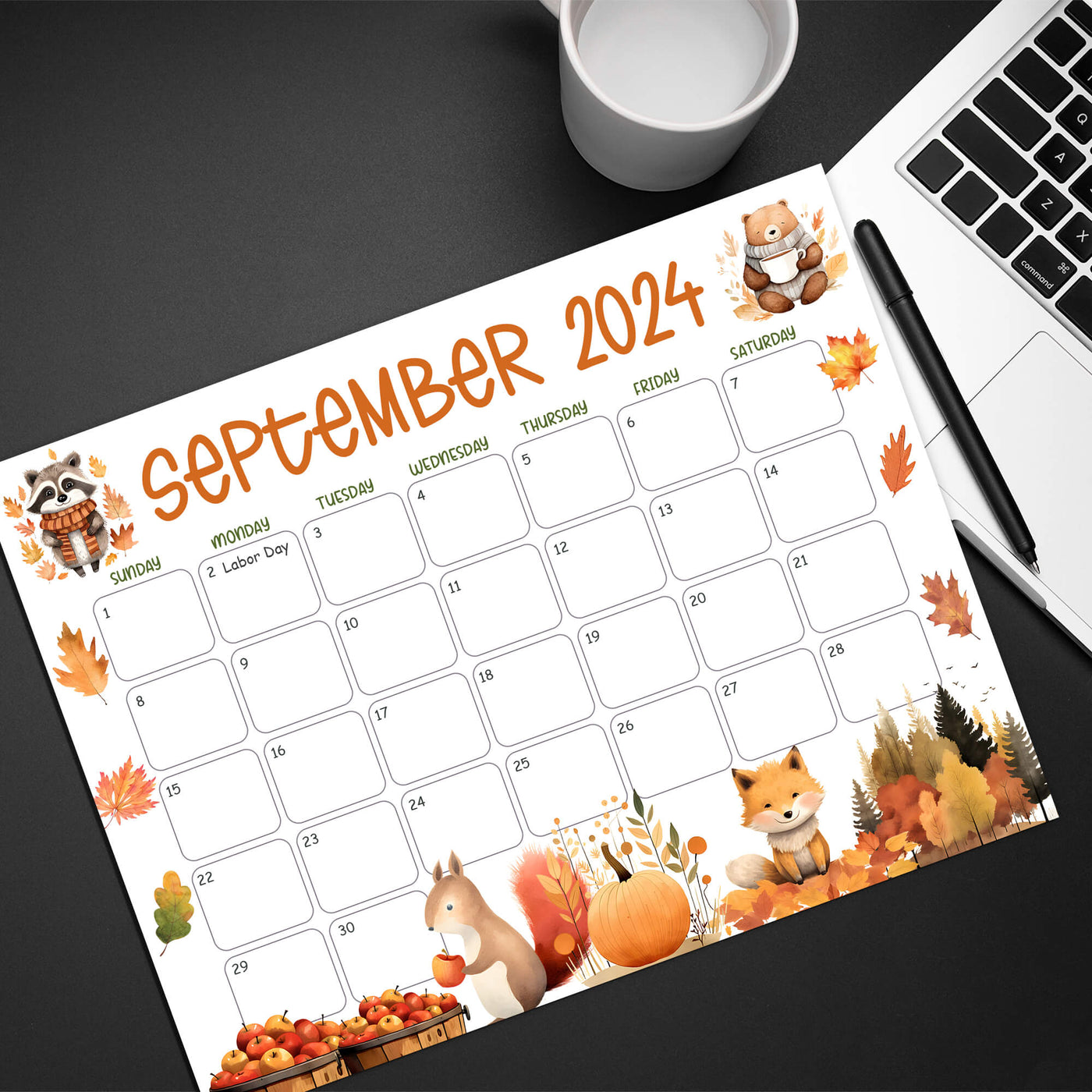 Printable September 2024 Calendar with Fall Animals - Posh Park