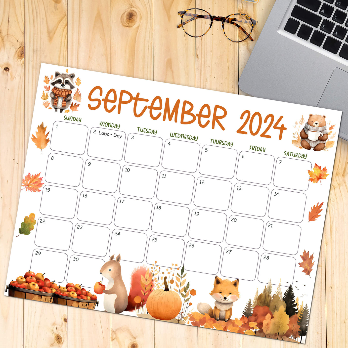 Printable September 2024 Calendar with Fall Animals - Posh Park