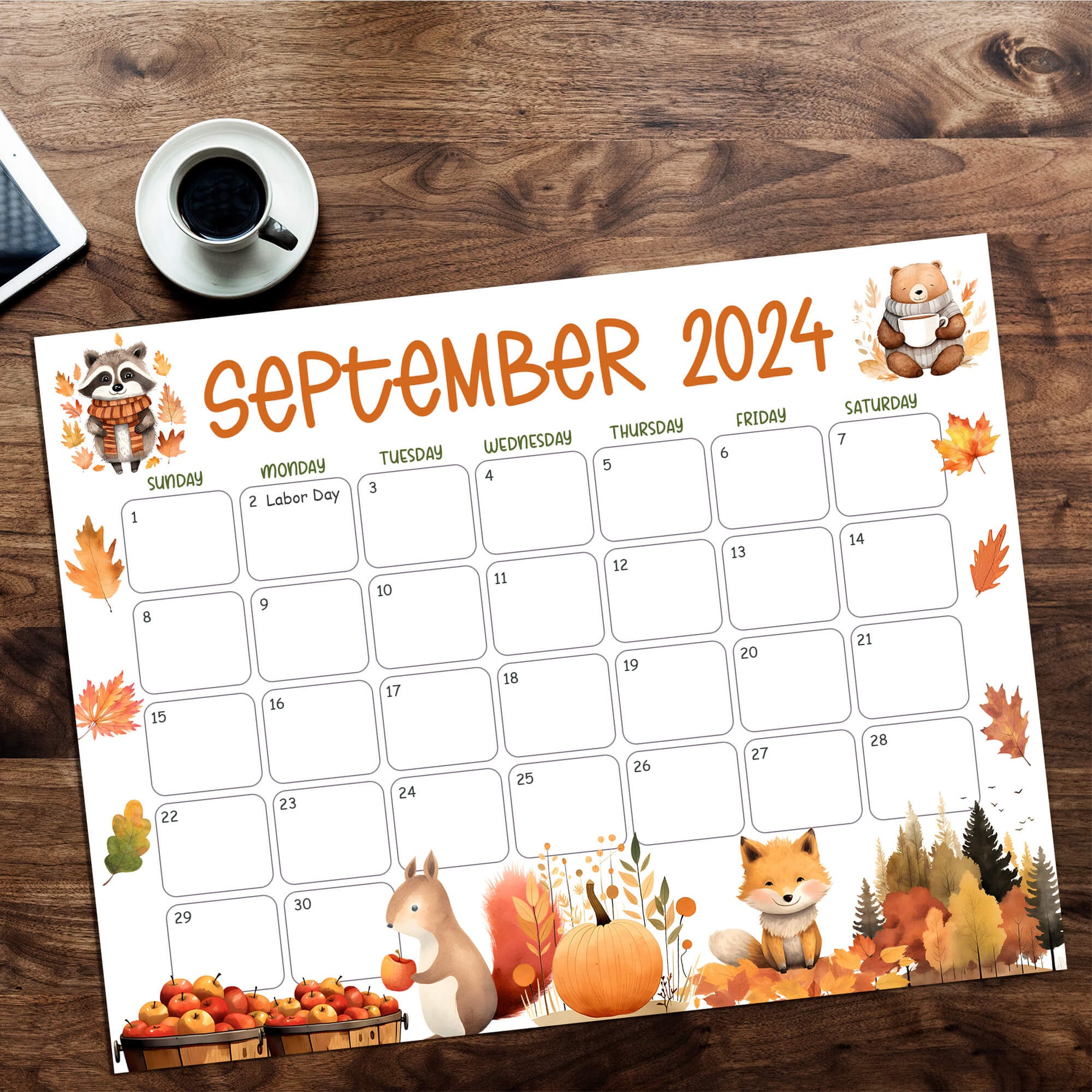 Printable September 2024 Calendar with Fall Animals - Posh Park