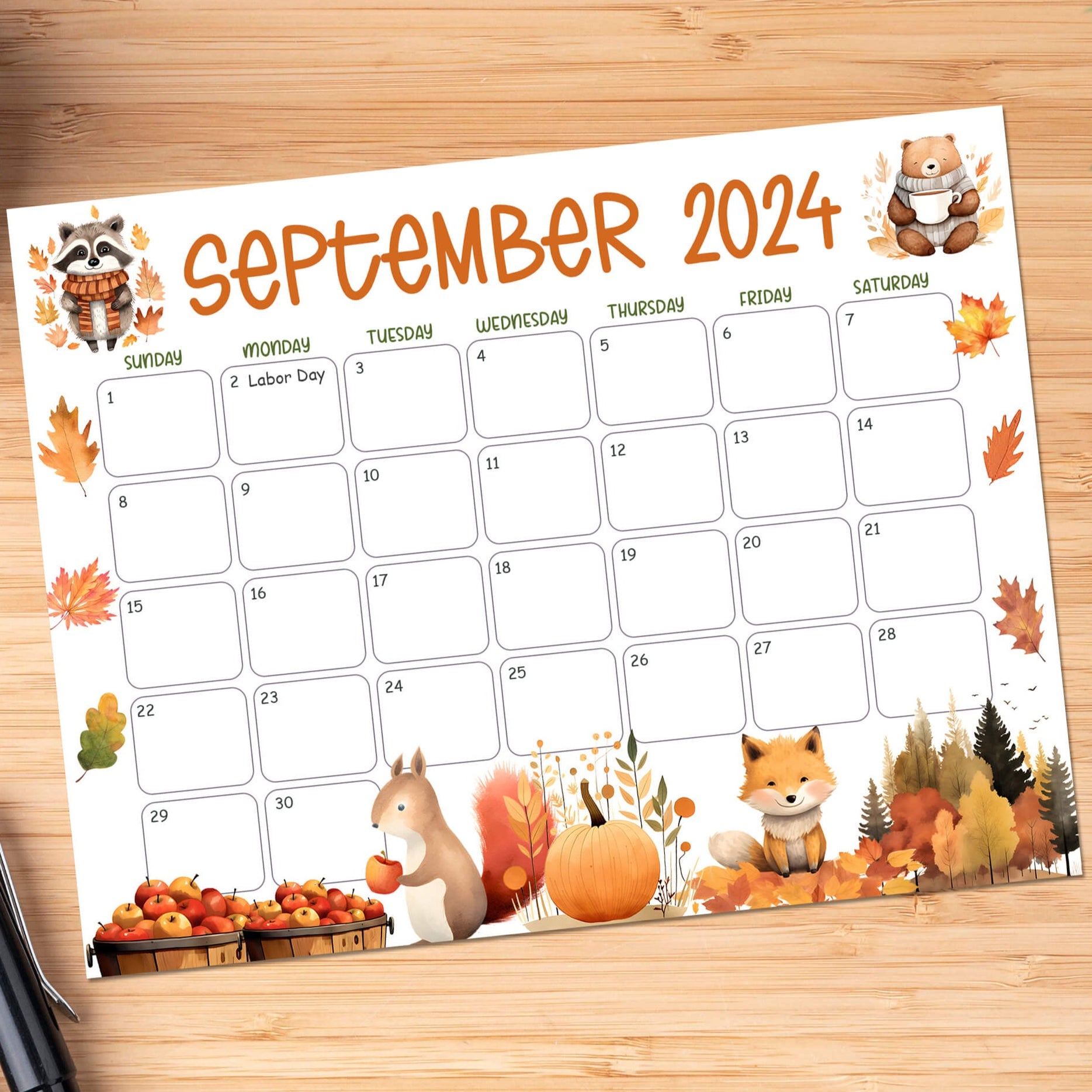 Printable September 2024 Calendar with Fall Animals - Posh Park
