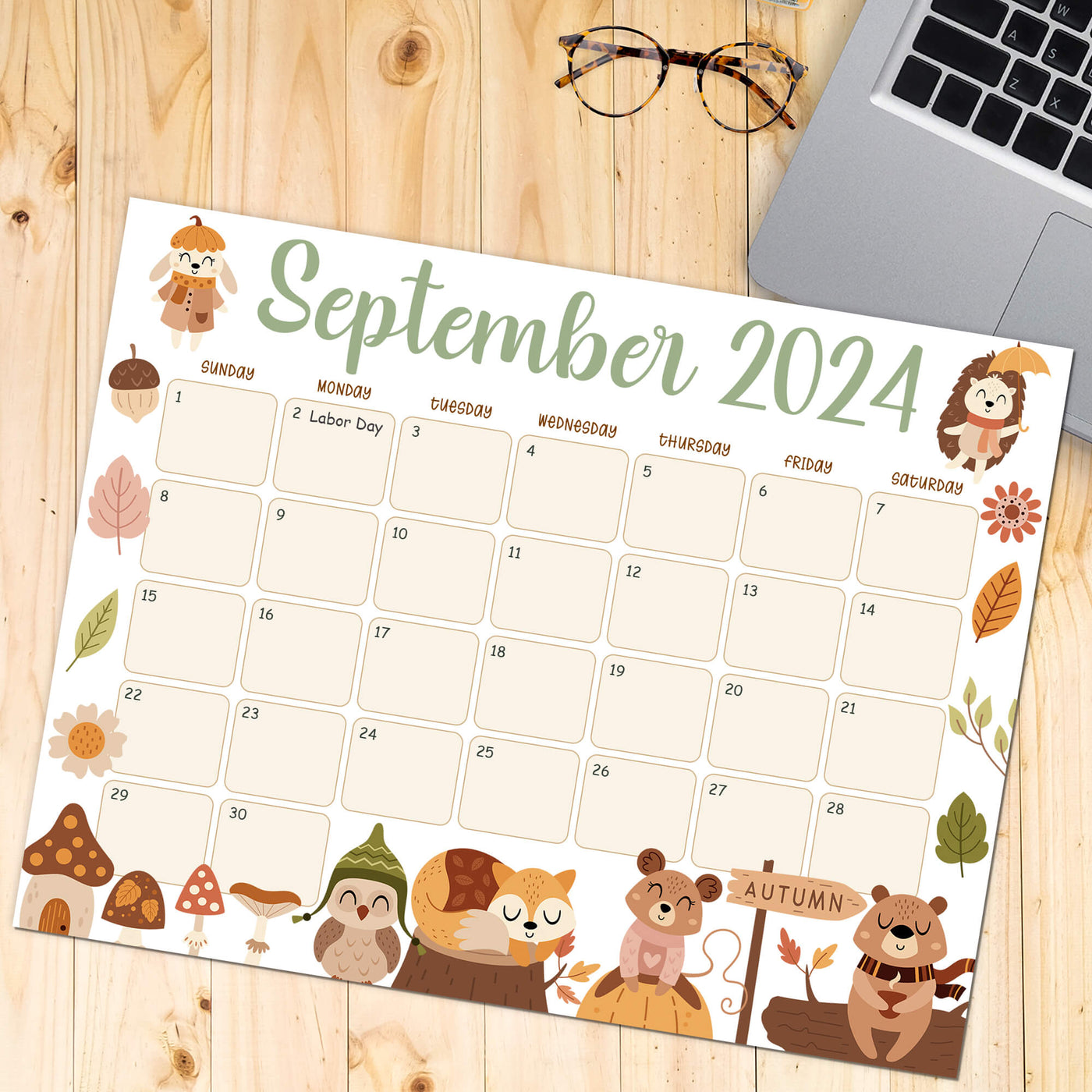 Fall Animals Theme Printable Calendar September 2024 - Posh Park