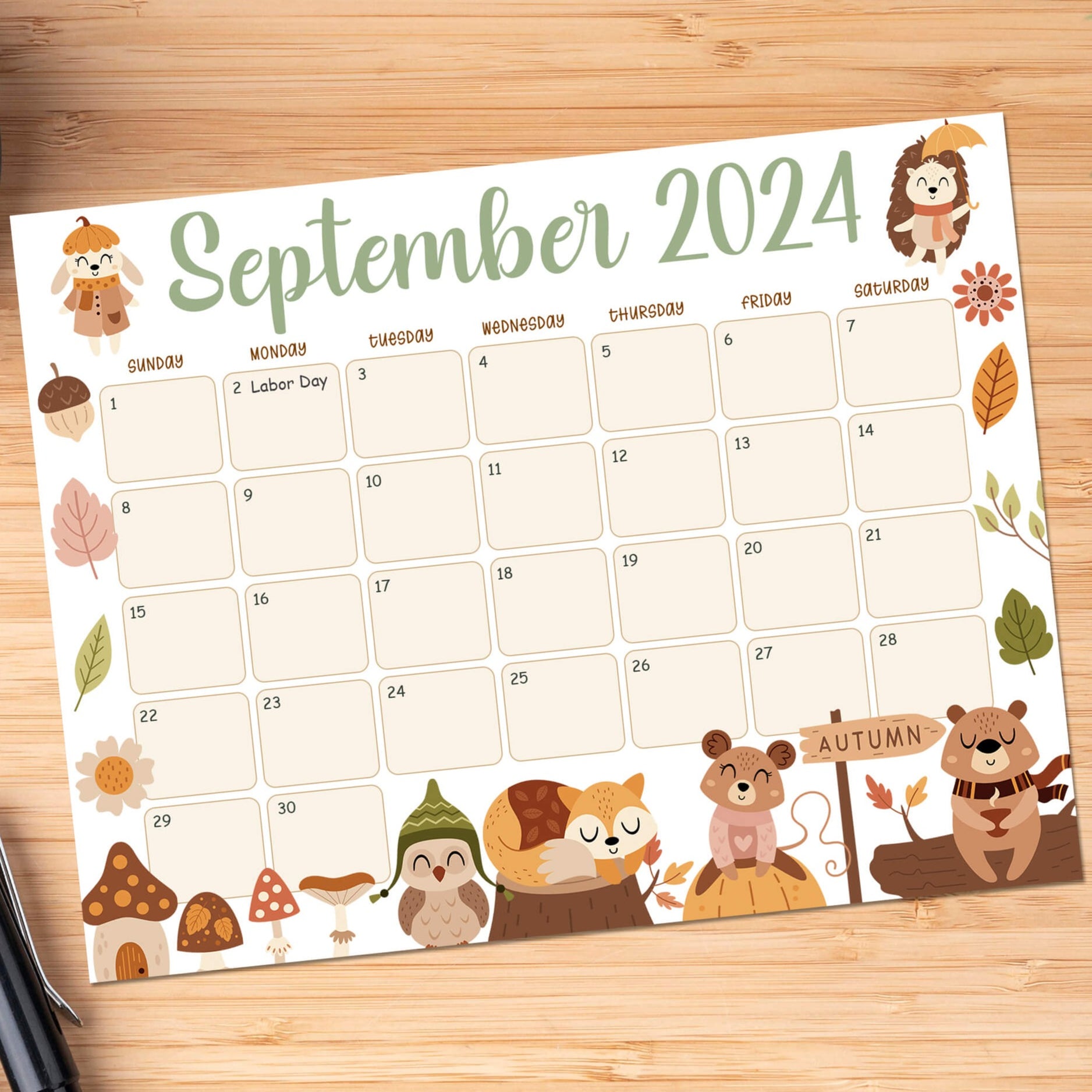 Fall Animals Theme Printable Calendar September 2024 - Posh Park