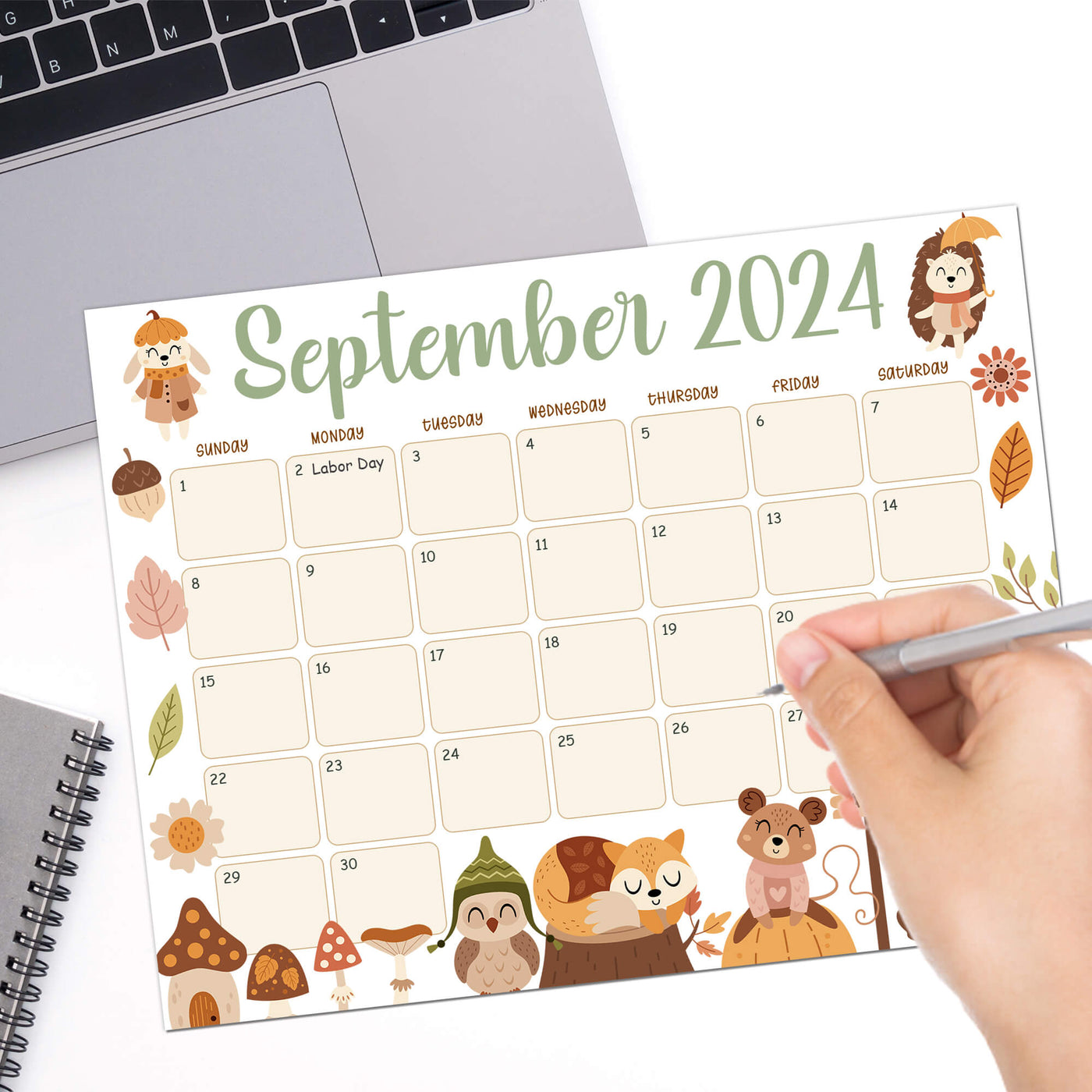Fall Animals Theme Printable Calendar September 2024 - Posh Park
