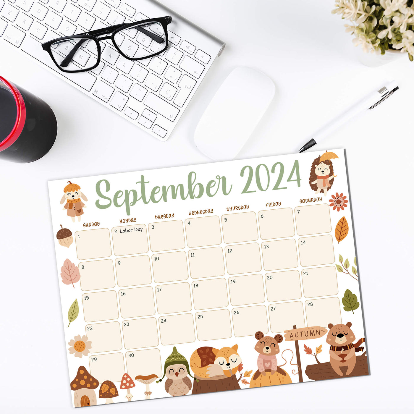 Fall Animals Theme Printable Calendar September 2024 - Posh Park