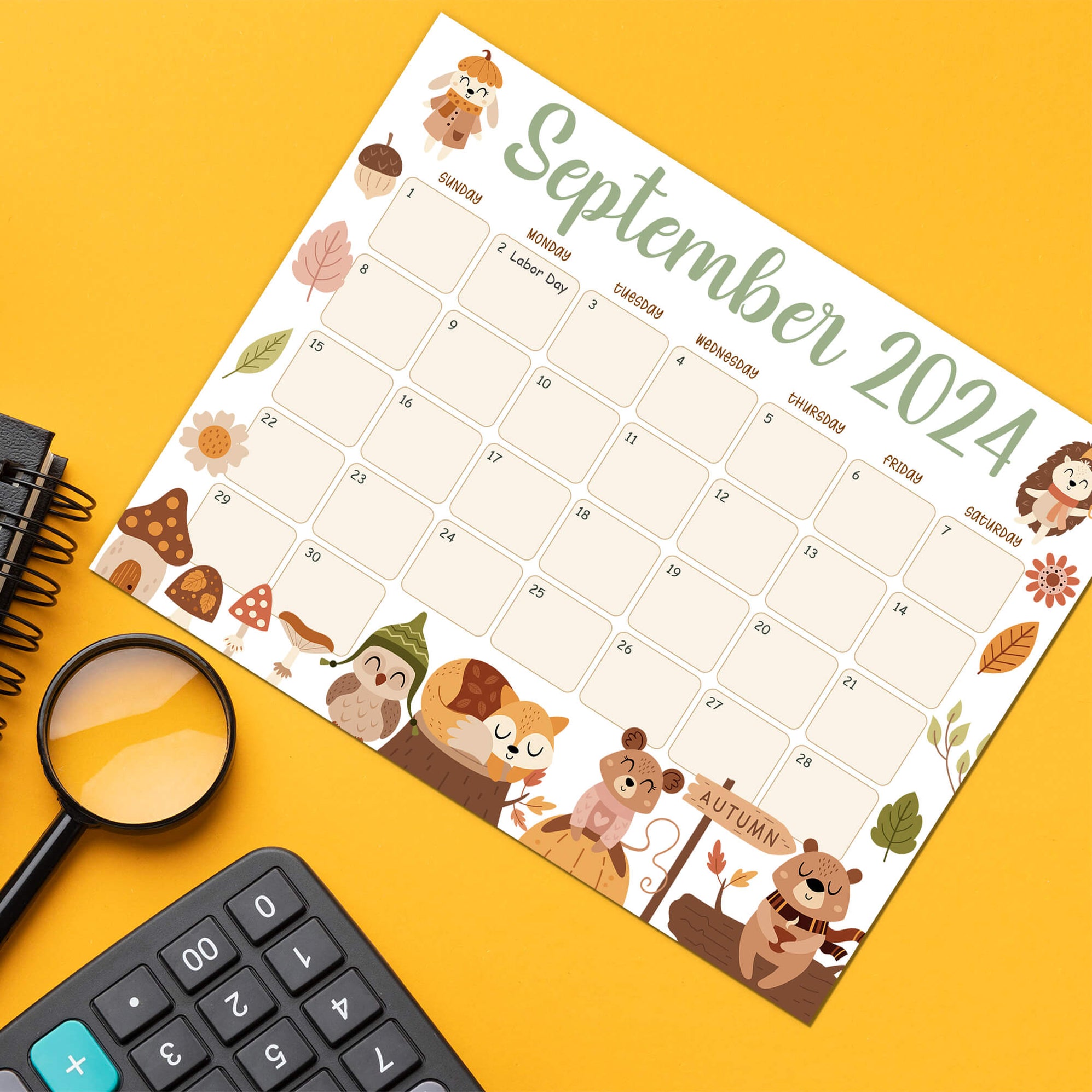 Fall Animals Theme Printable Calendar September 2024 - Posh Park