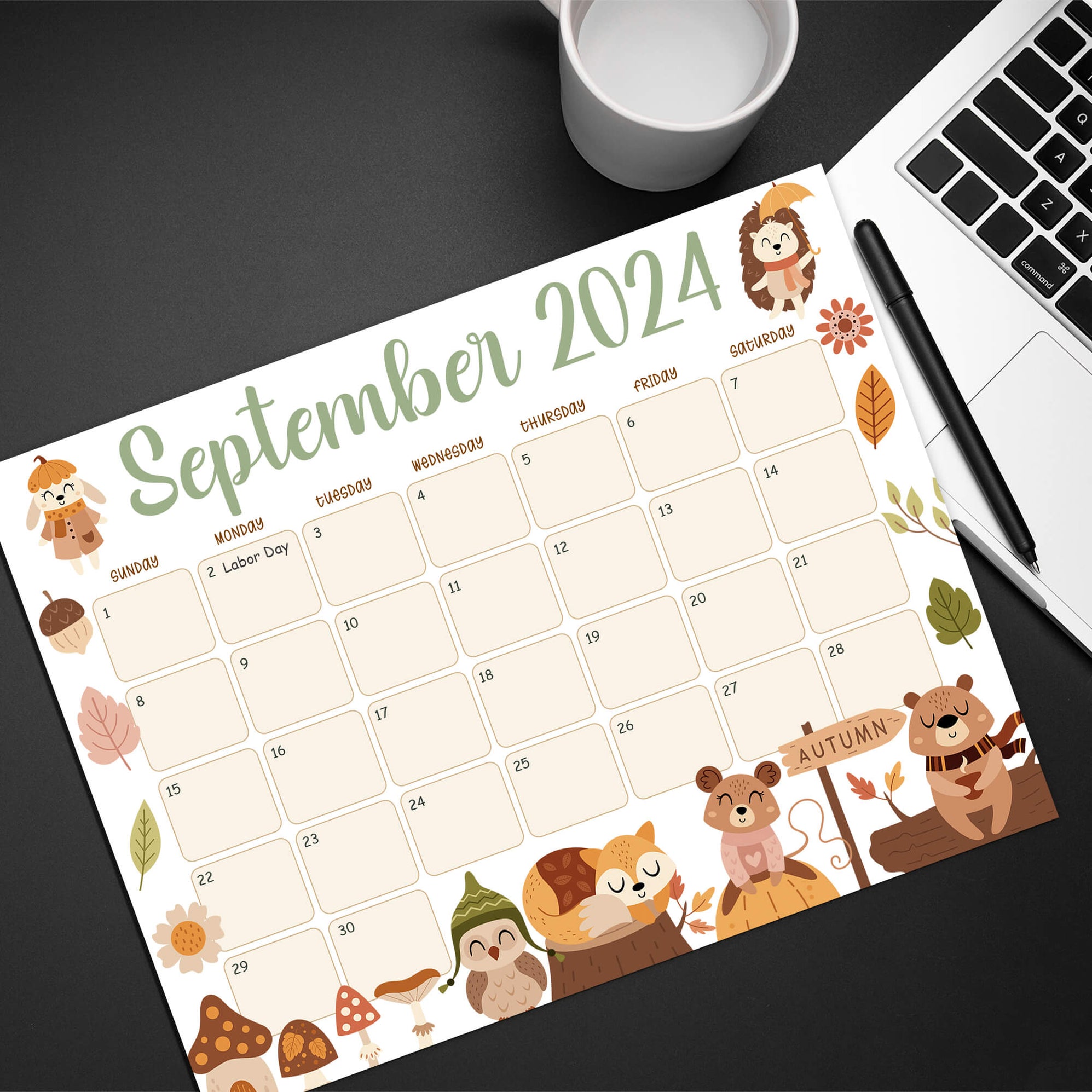 Fall Animals Theme Printable Calendar September 2024 - Posh Park