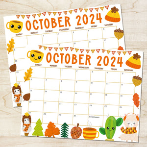 October 2024 Calendar with Fall Harvest Cute Theme - Posh Park