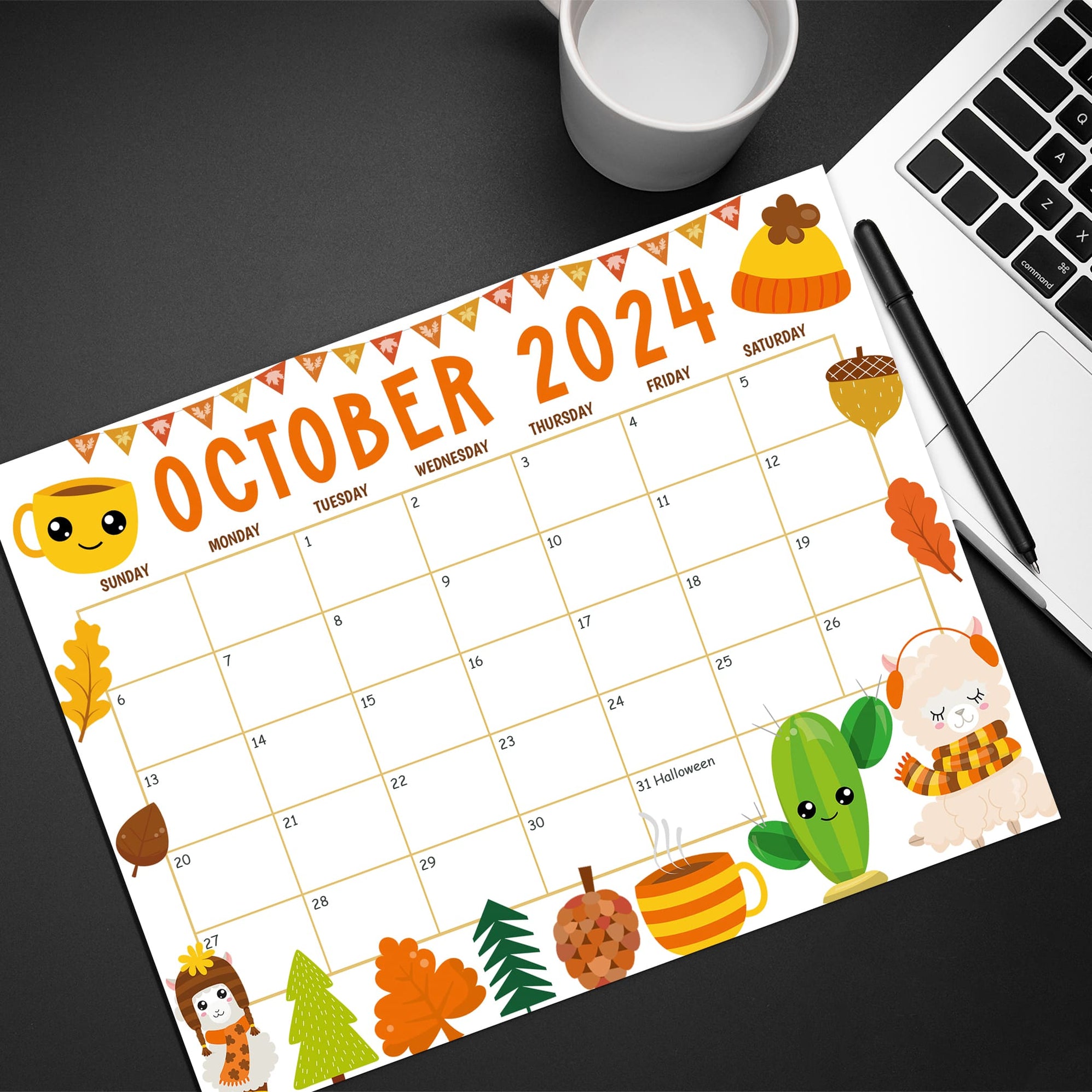 October 2024 Calendar with Fall Harvest Cute Theme - Posh Park