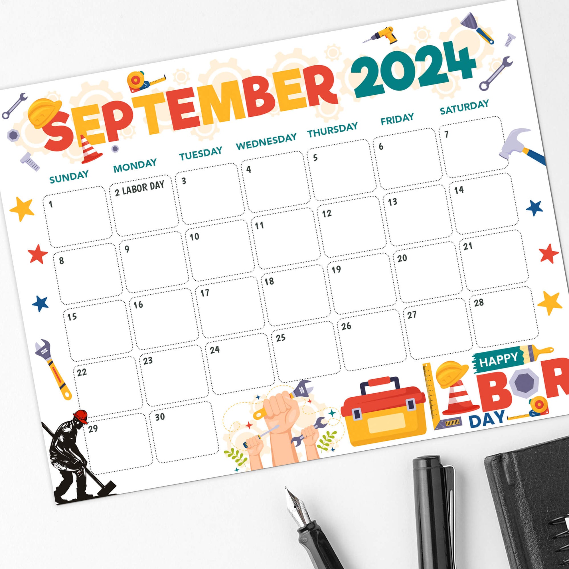 September 2024 Calendar with Labor Day Theme - Posh Park