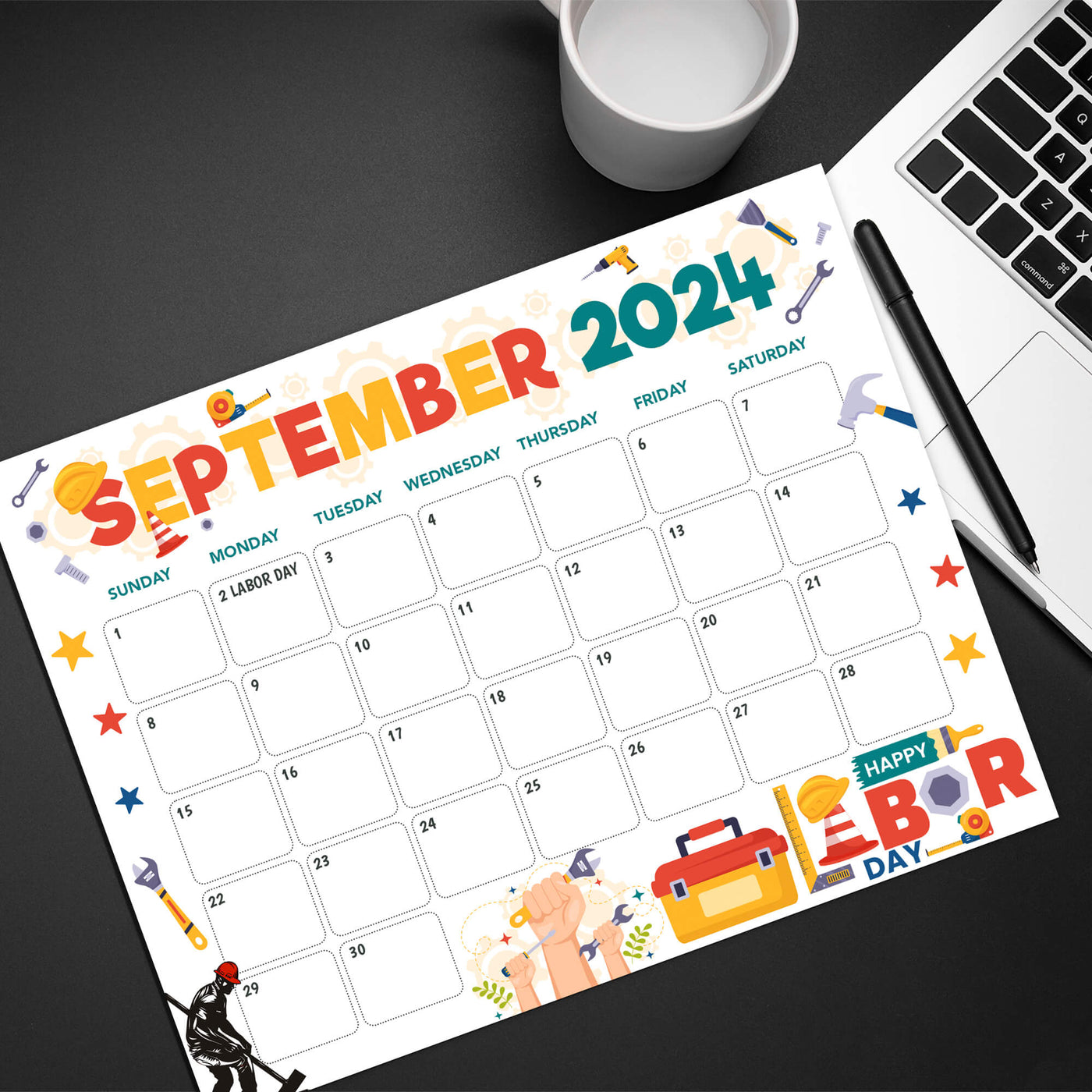 September 2024 Calendar with Labor Day Theme - Posh Park
