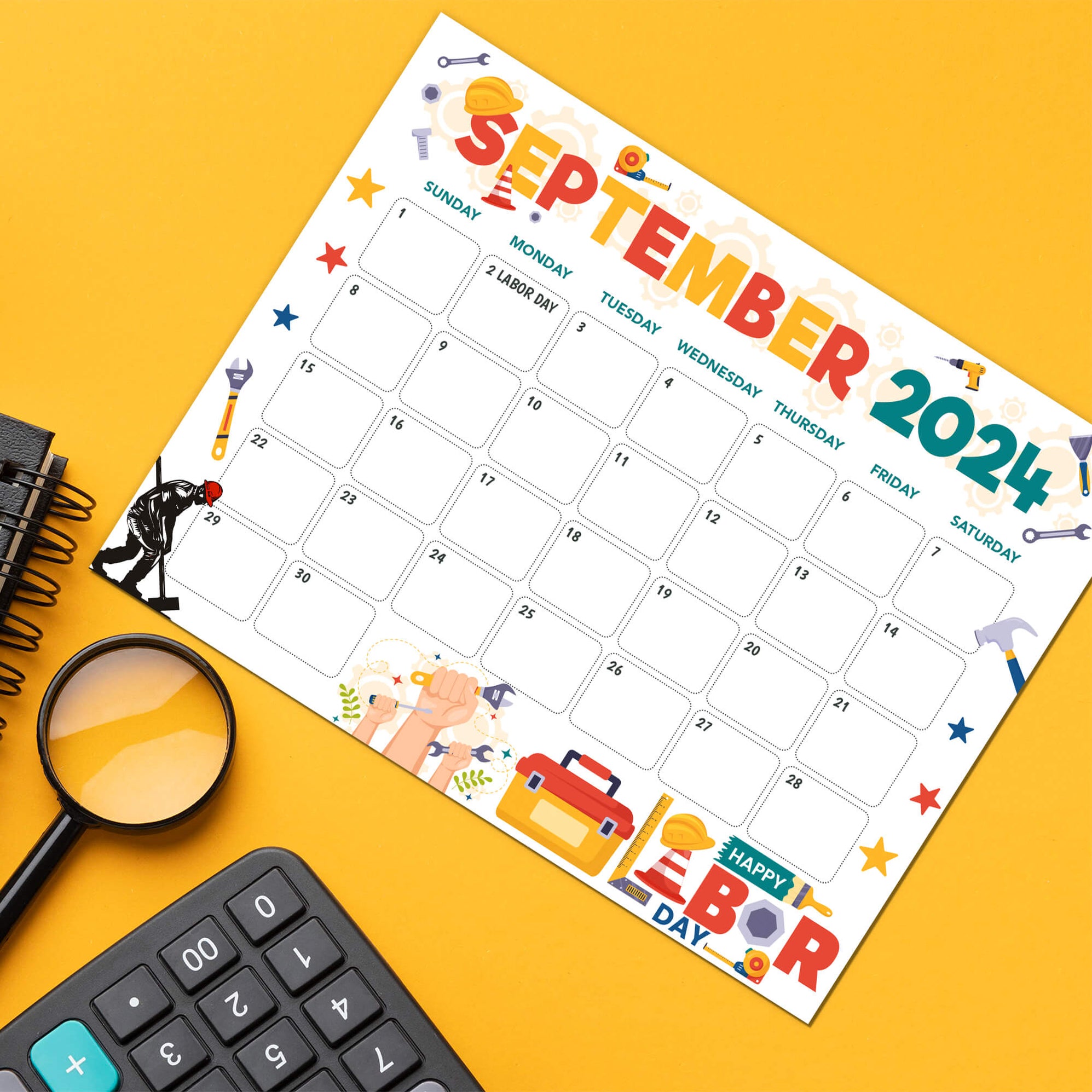 September 2024 Calendar with Labor Day Theme - Posh Park