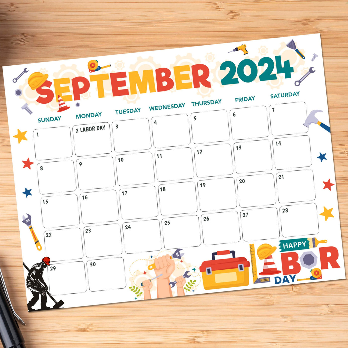 September 2024 Calendar with Labor Day Theme - Posh Park